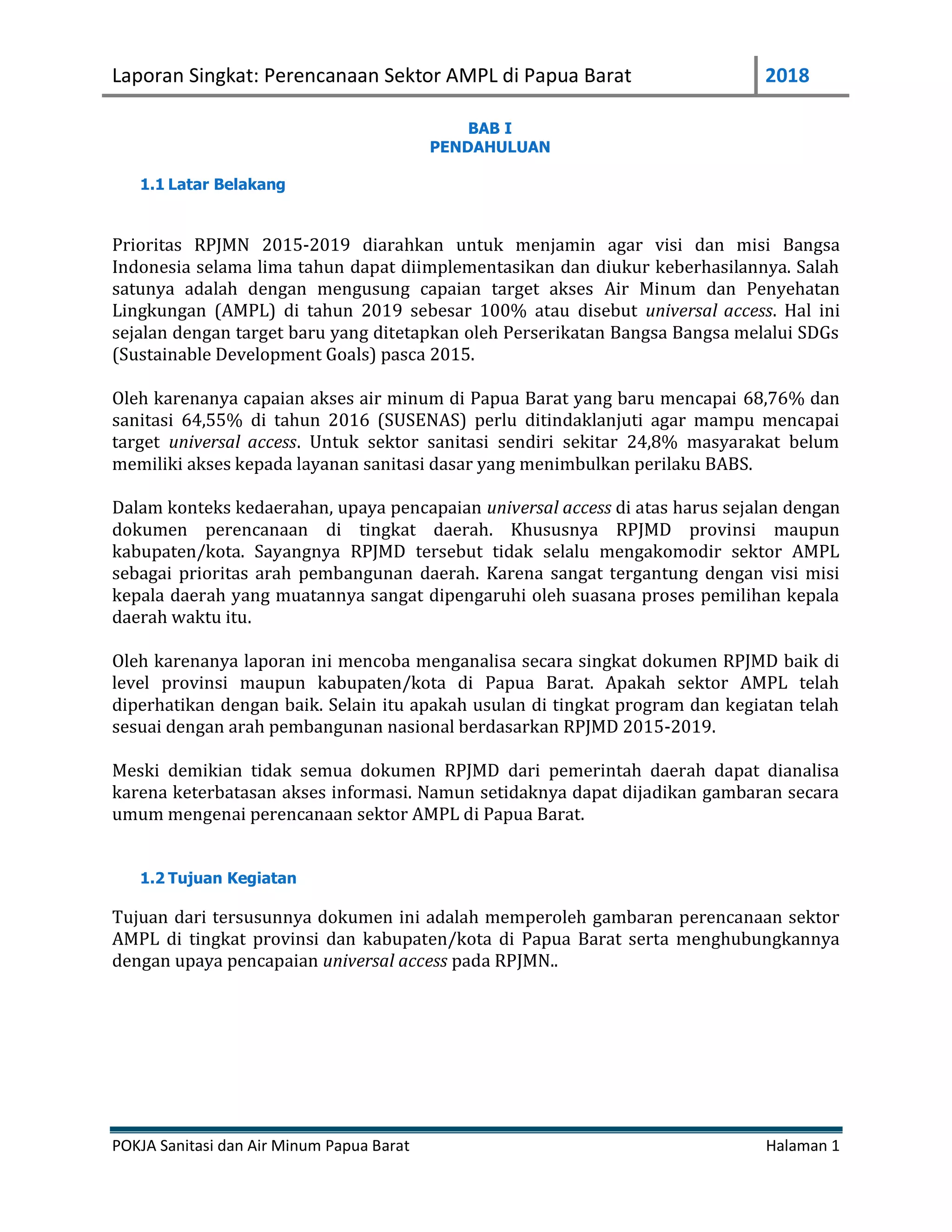 Draft-Laporan Singkat Perencanaan Sektor AMPL Papua Barat 2018 (isi) | PDF