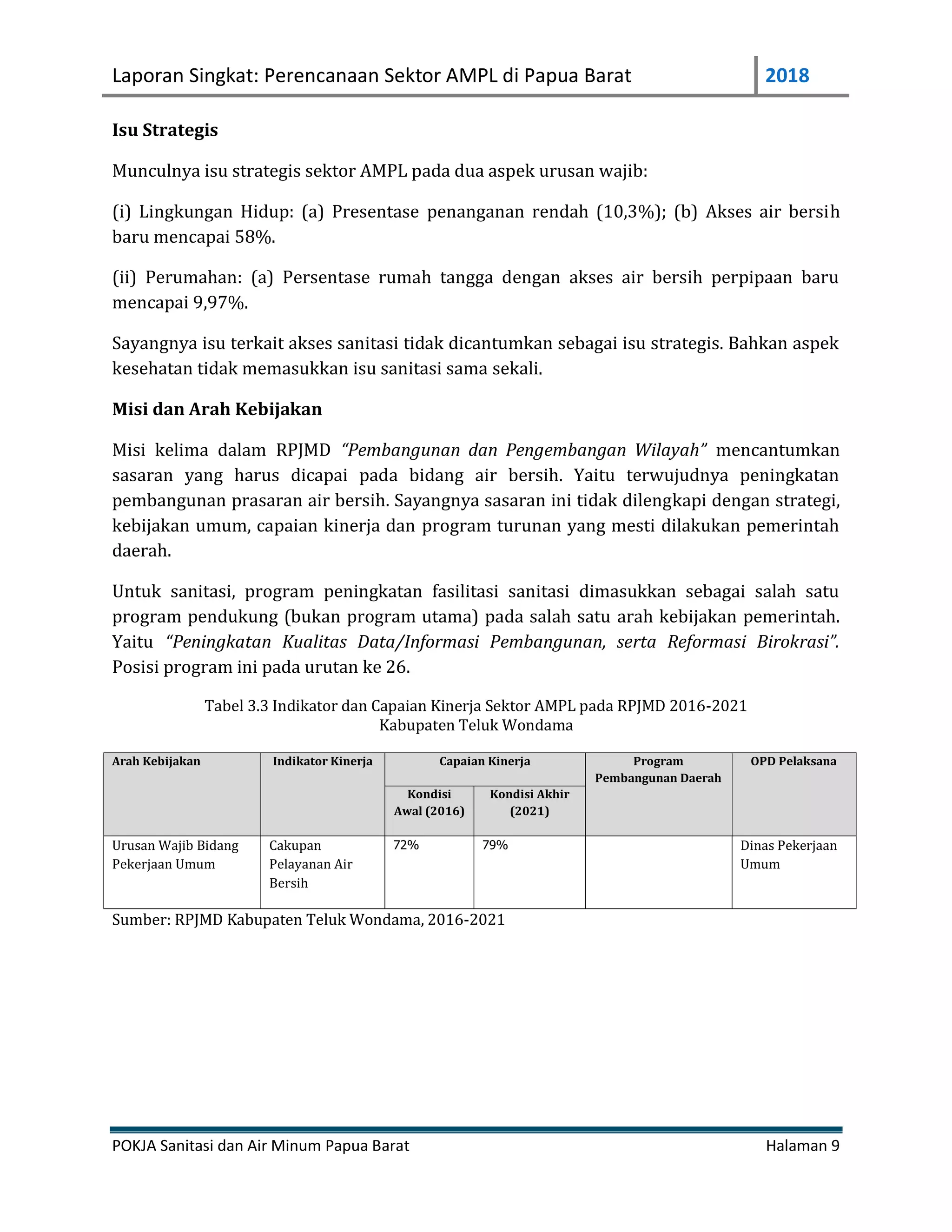 Draft-Laporan Singkat Perencanaan Sektor AMPL Papua Barat 2018 (isi) | PDF