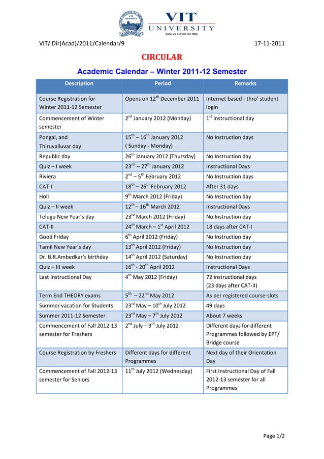 Draft academic calendar for winter 2011 12 semester | PDF