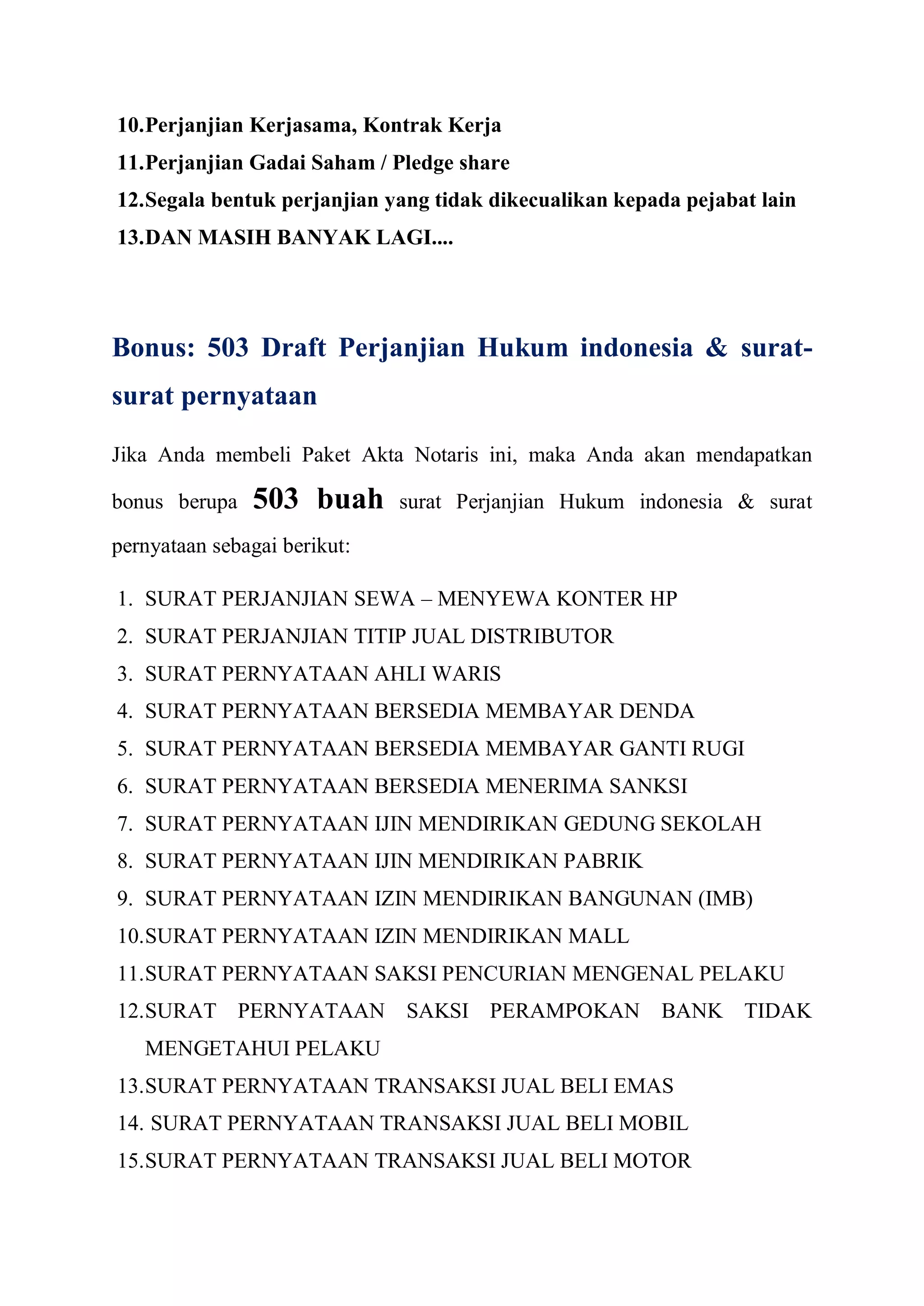 Draft akta notaris lengkap dengan surat surat perjanjian dan pernyataan ...