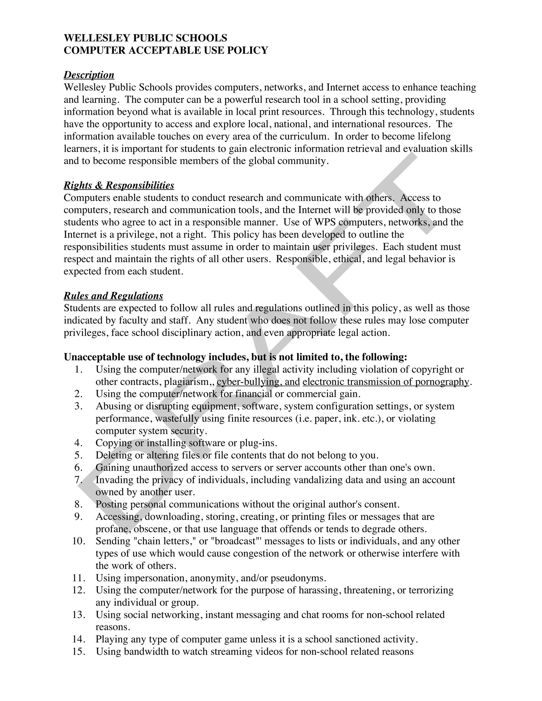 Draft Computer Acceptable Use Policy | PDF