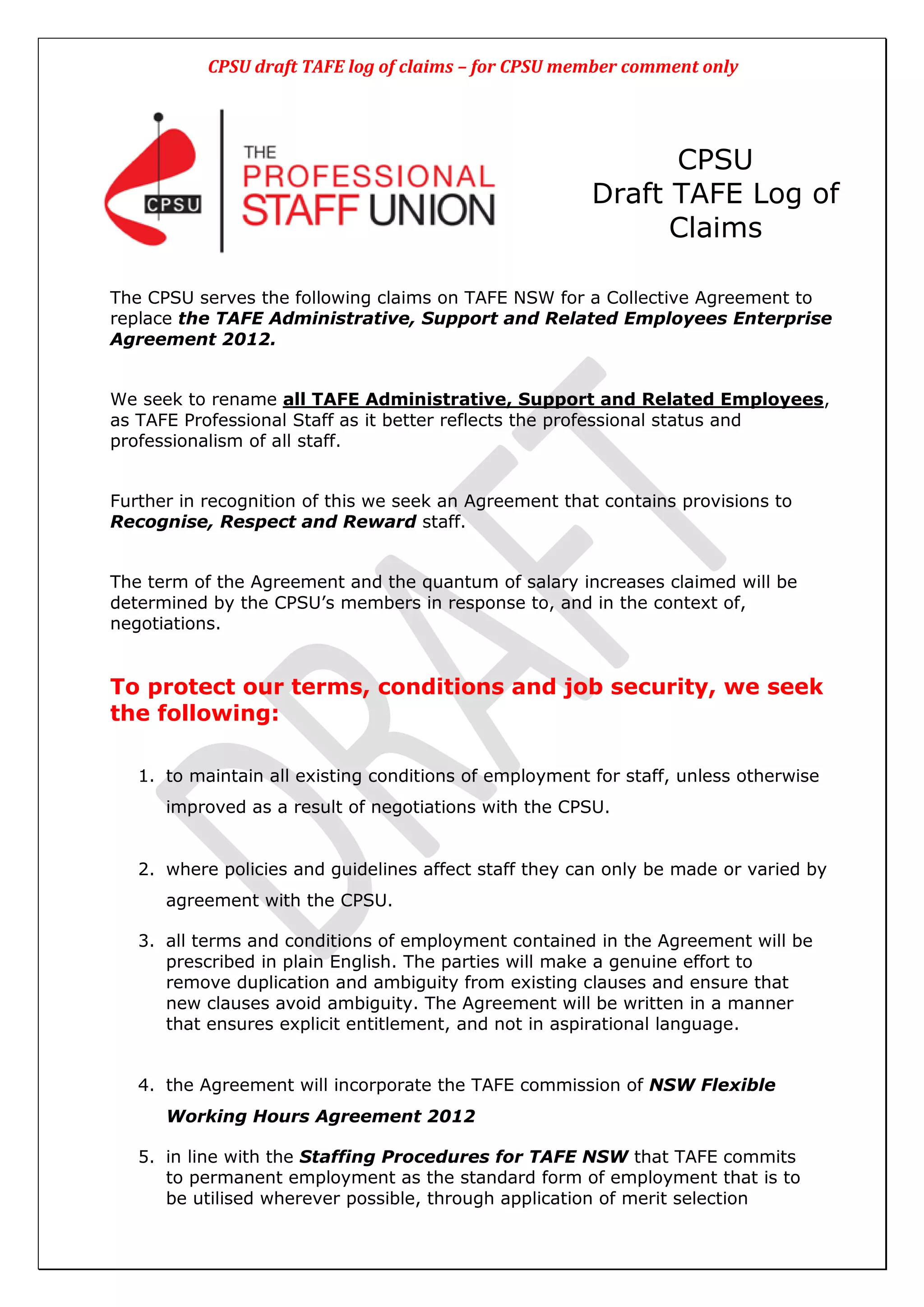 Draft cpsu tafe_ log of claims | PDF