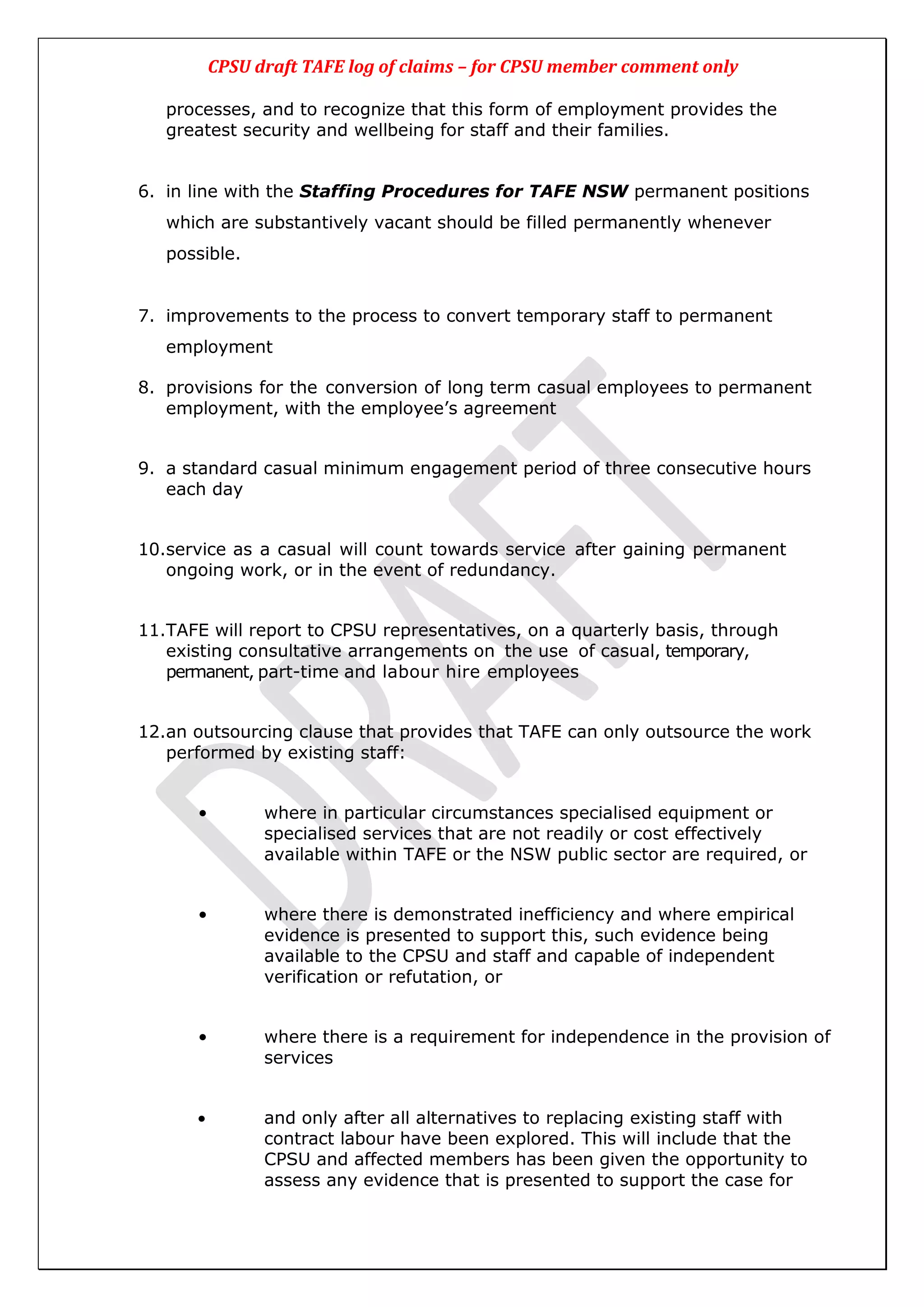 Draft cpsu tafe_ log of claims | PDF