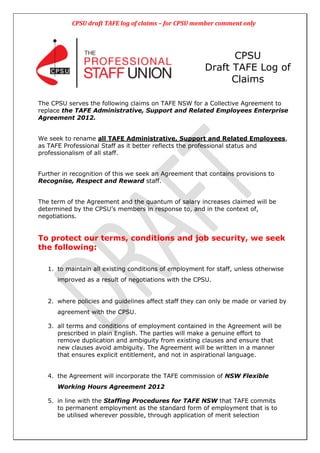 Draft cpsu tafe_ log of claims | PDF | Business | Business and Finance
