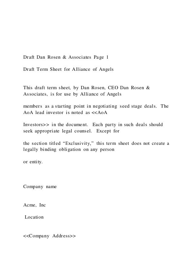 Draft Dan Rosen & Associates Page 1 Draft Term Sheet for | PDF