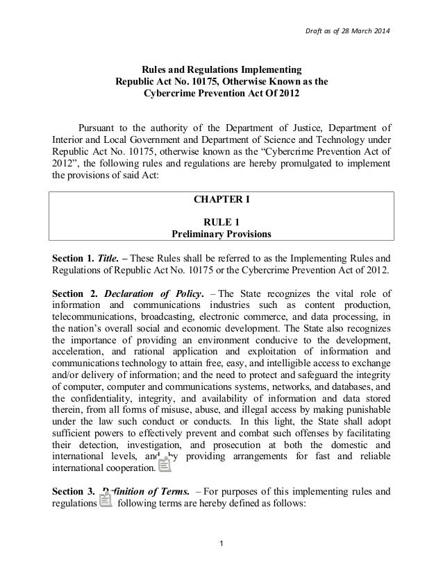 Draft Implementing Rules And Regulations Irr Of The Cybercrime Law