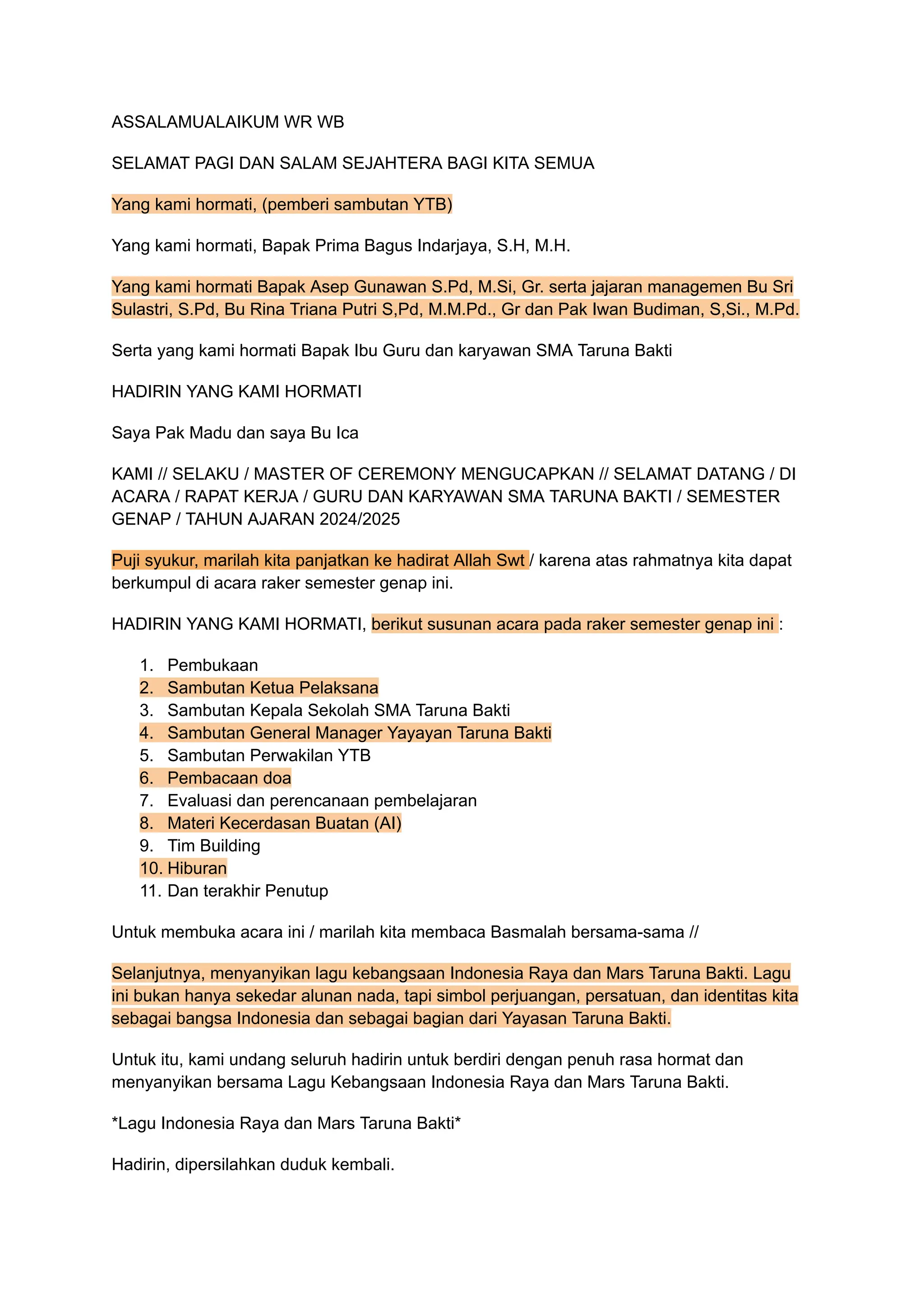 Draft MC Raker Guru dan Karyawan SMA Taruna Bakti Bandung | PDF