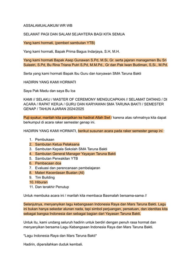 Draft MC Raker Guru dan Karyawan SMA Taruna Bakti Bandung | PDF