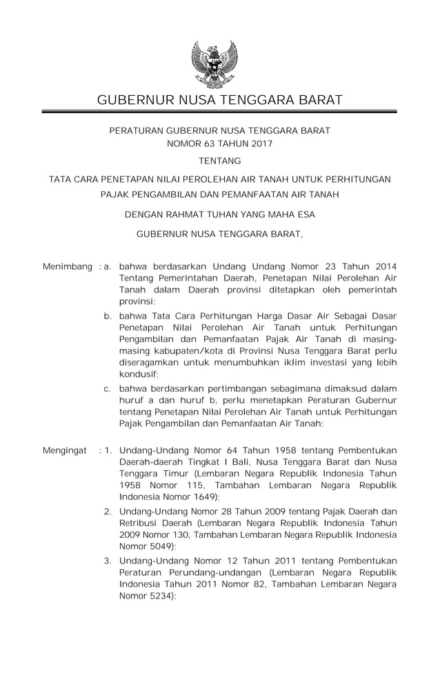 Copy Peraturan Gubernur NTB nomor 63 tahun 2017 tentang Tata Cara Penetapan Nilai Perolehan Air ...