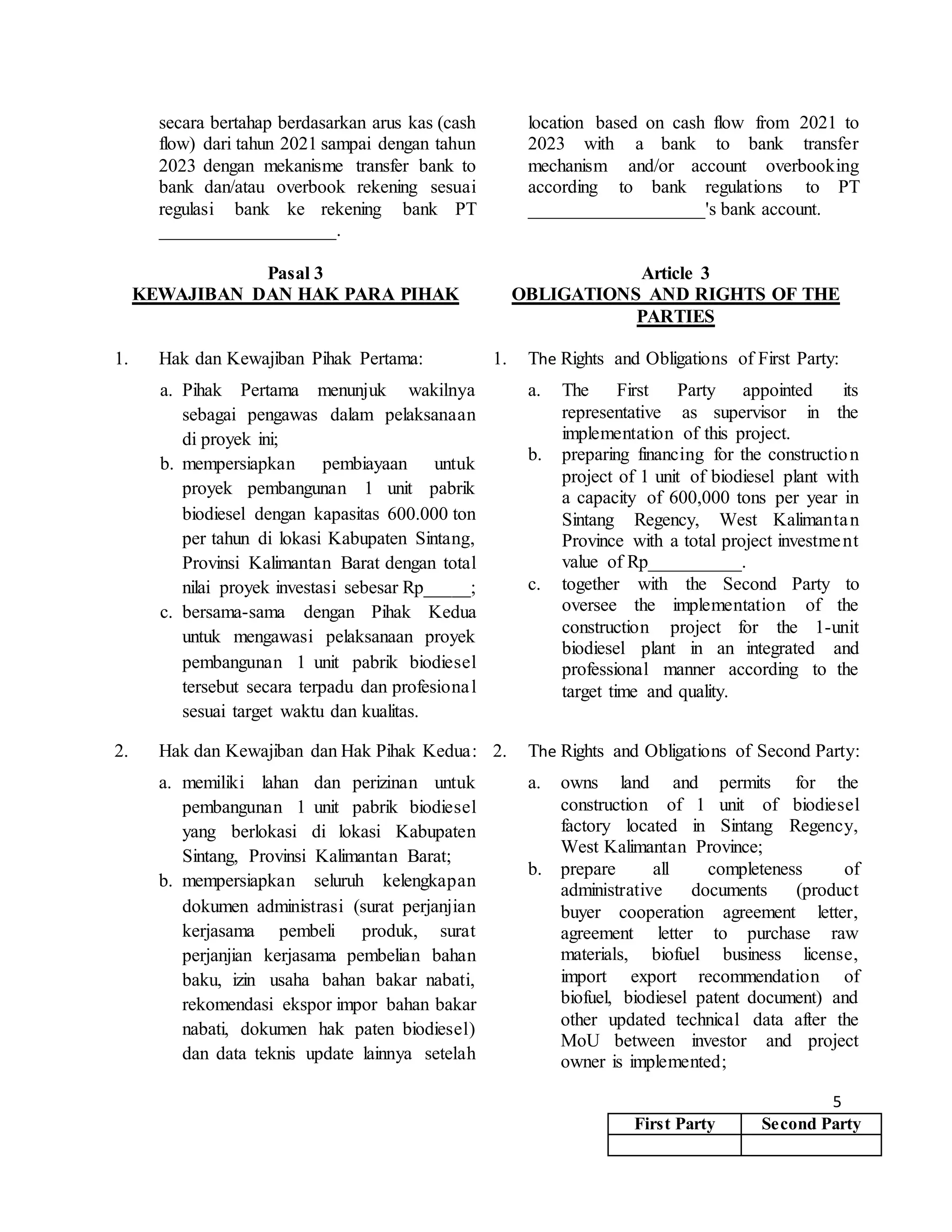 Draft perjanjian pembangunan pabrik biodiesel billingual | DOCX