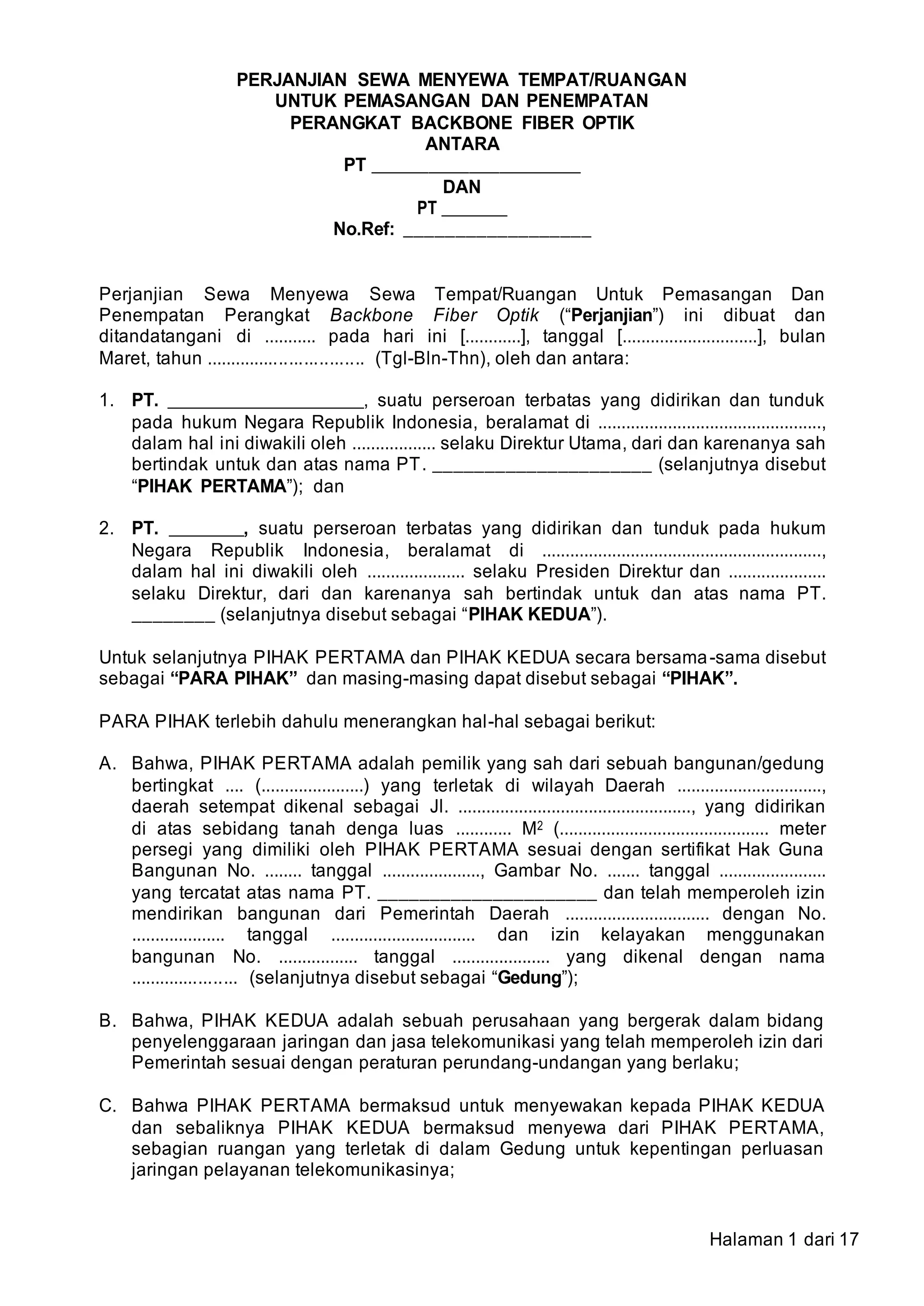 PERJANJIAN SEWA MENYEWA TEMPAT/RUANGAN UNTUK PEMASANGAN DAN PENEMPATAN ...