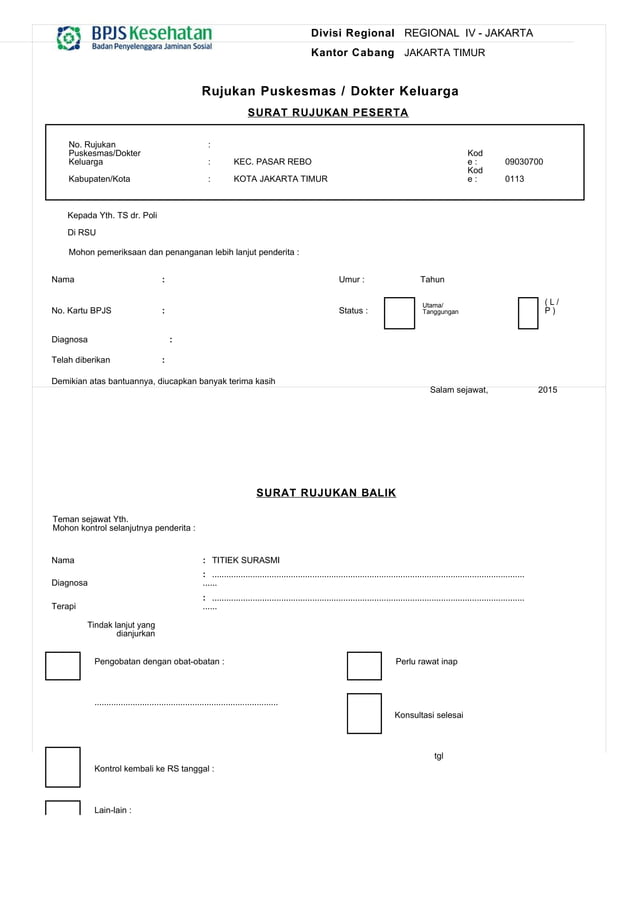 Surat Rujukan dan Balik untuk Pasien BPJS dari Puskesmas ke RS | PDF
