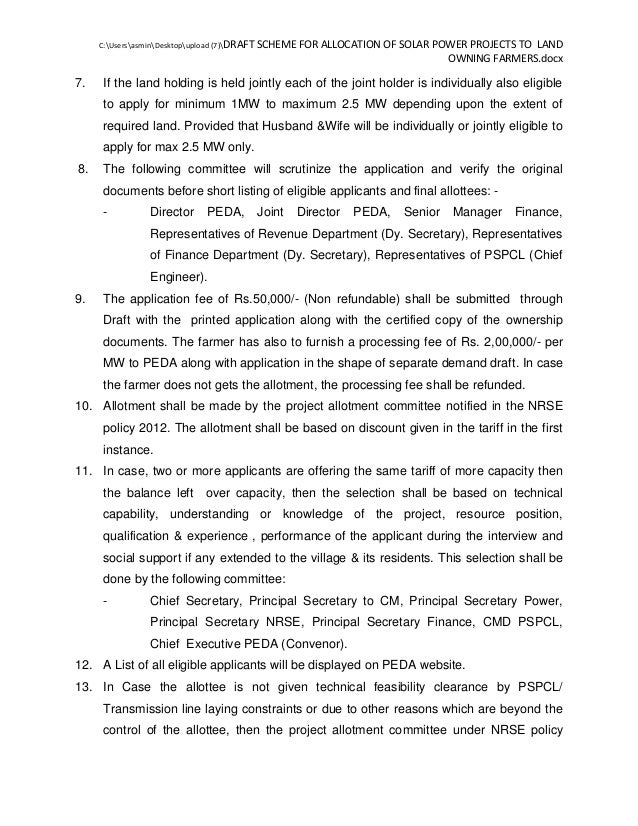 Draft scheme for allocation of solar power projects for land owning f…