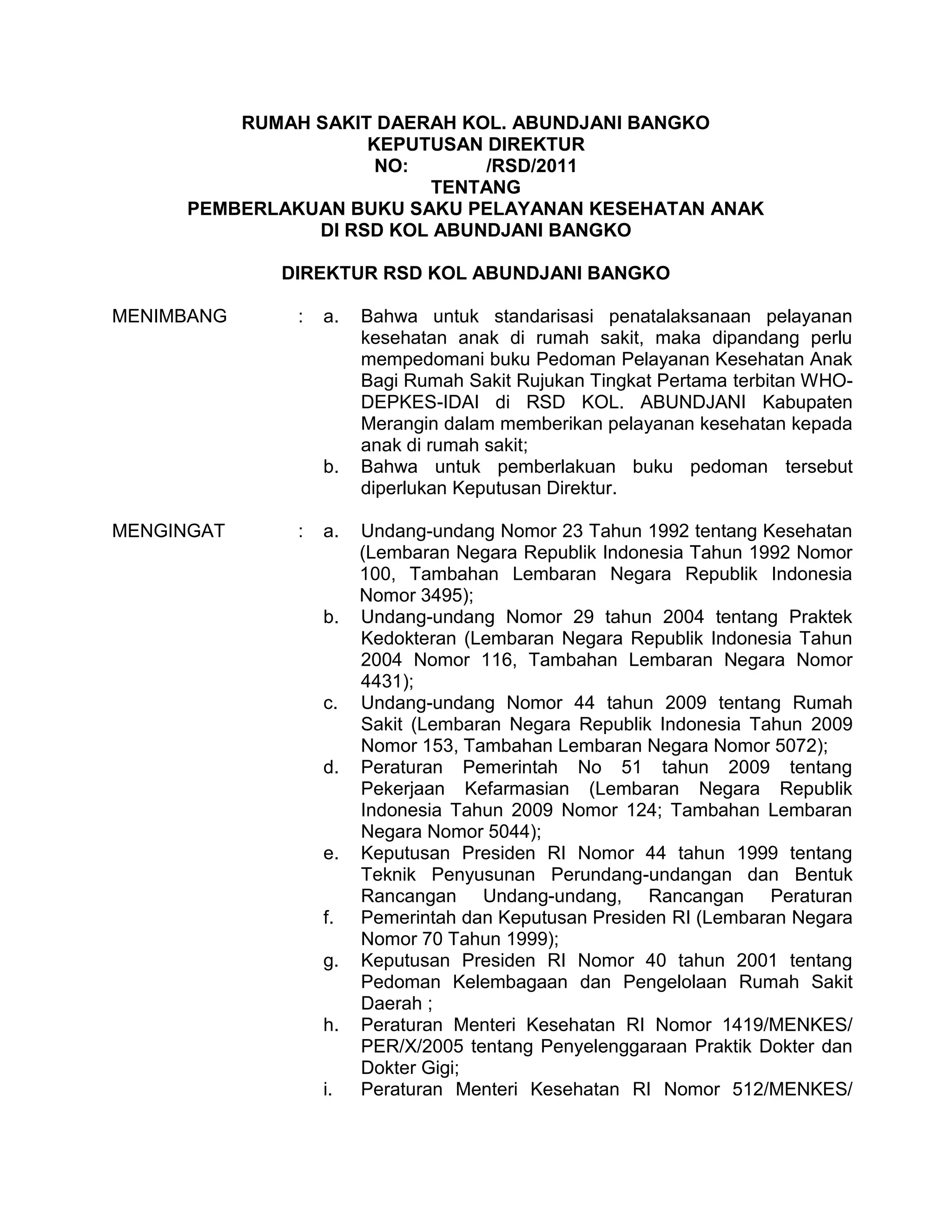 Draft sk pemberlakuan buku pedoman kesehatan anak | PDF