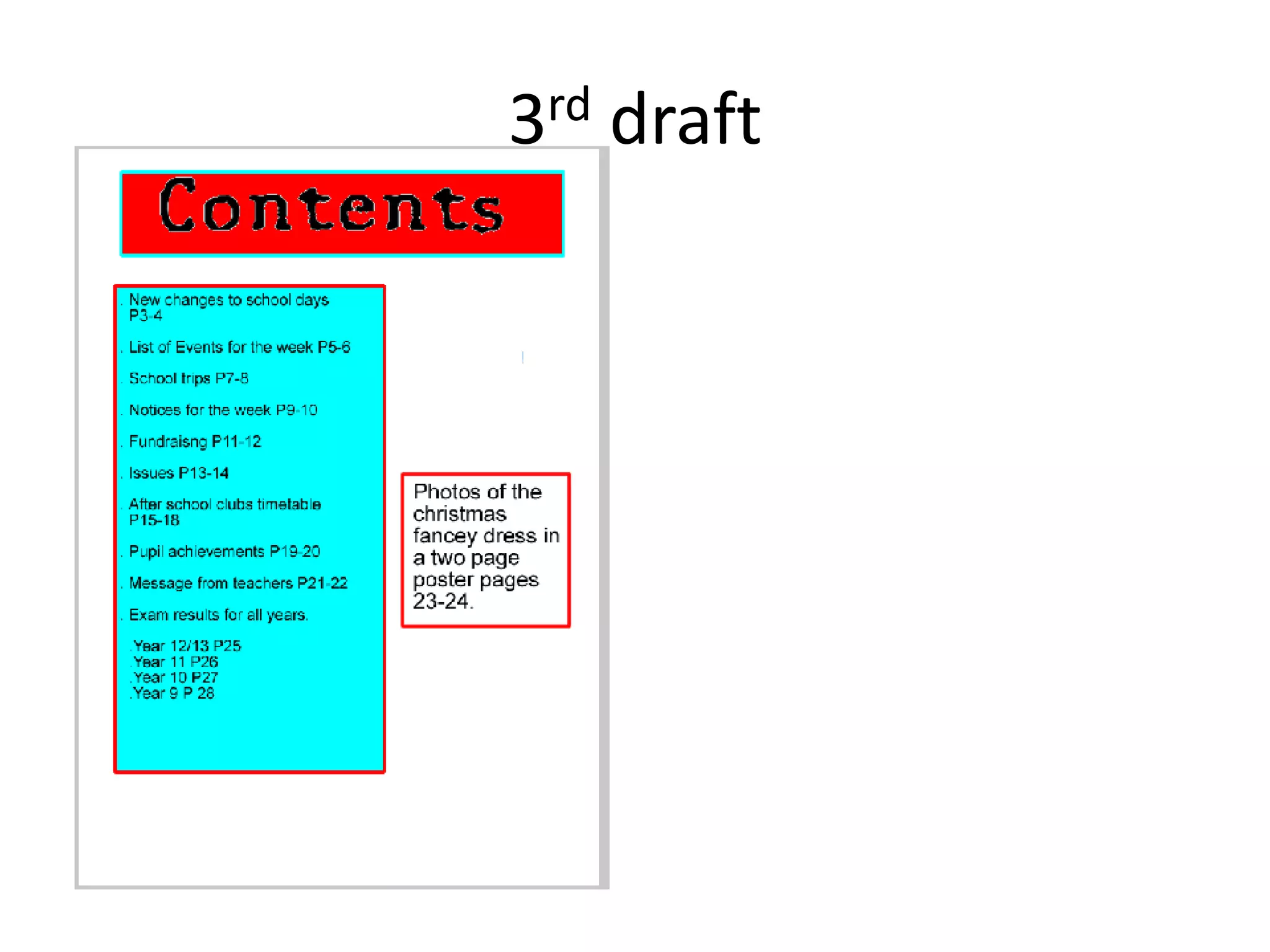 Drafts of contents page for school magazine | PPTX