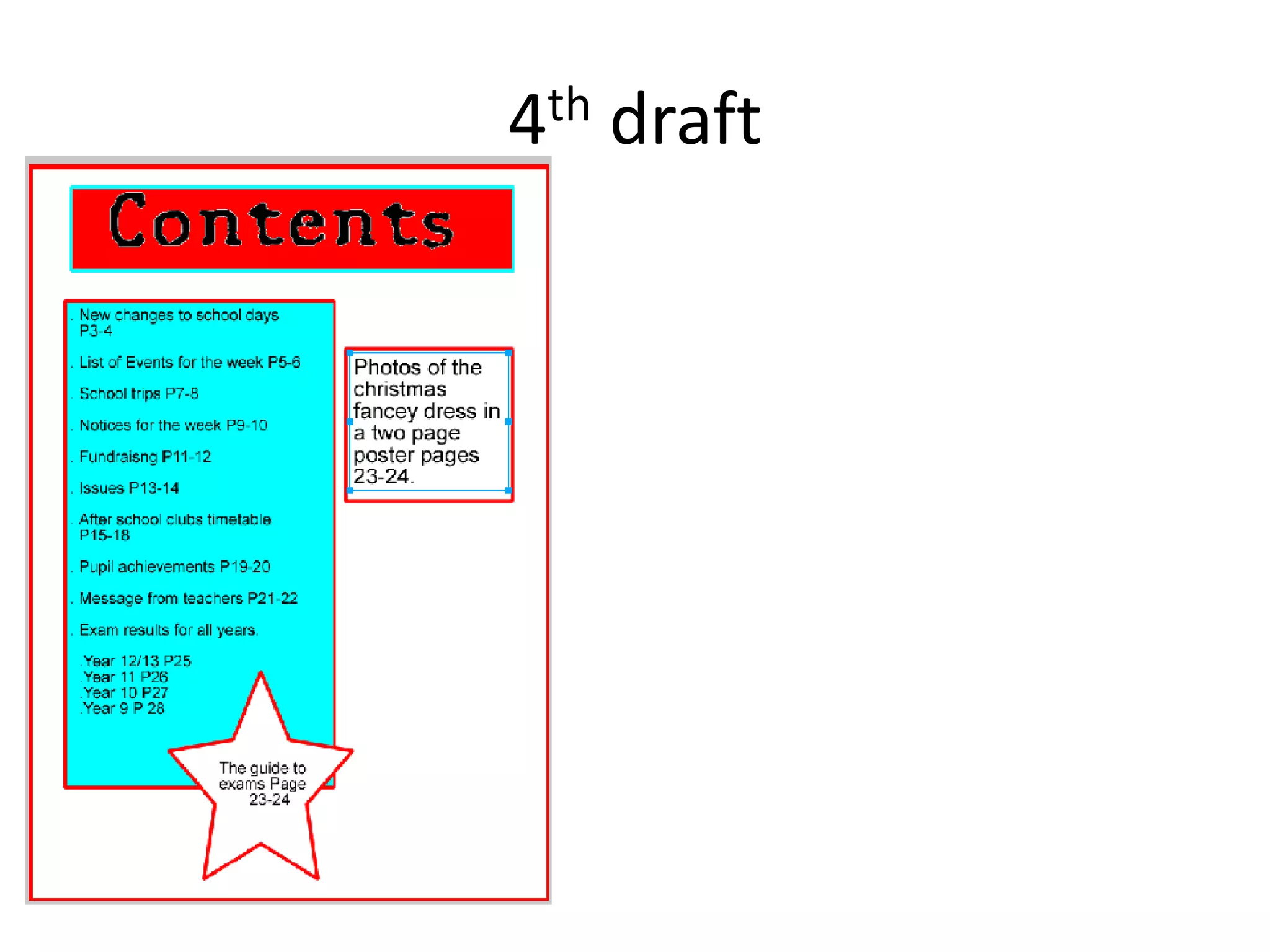 Drafts of contents page for school magazine | PPTX