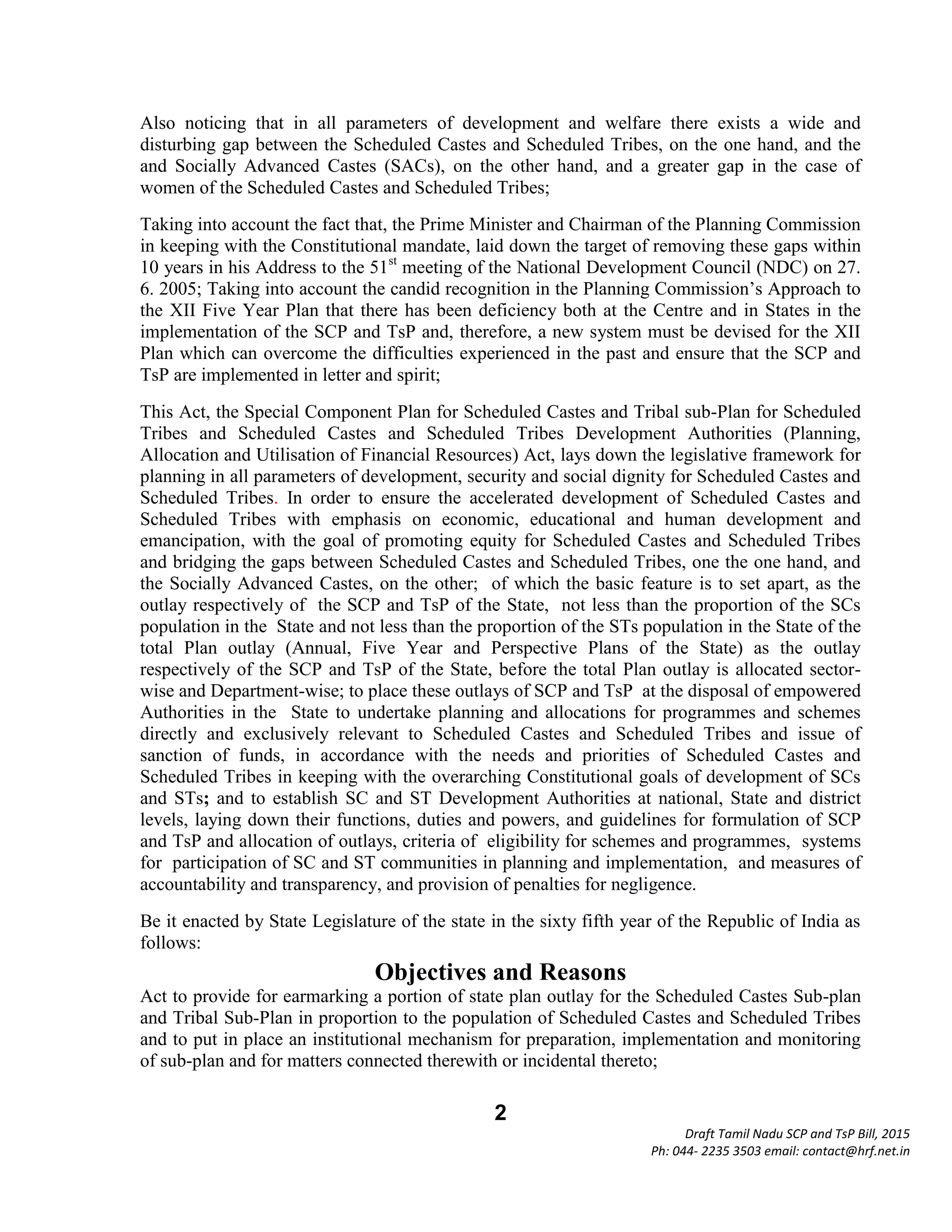 Draft Tamil Nadu SCP and TsP Bill, 2015 | PDF