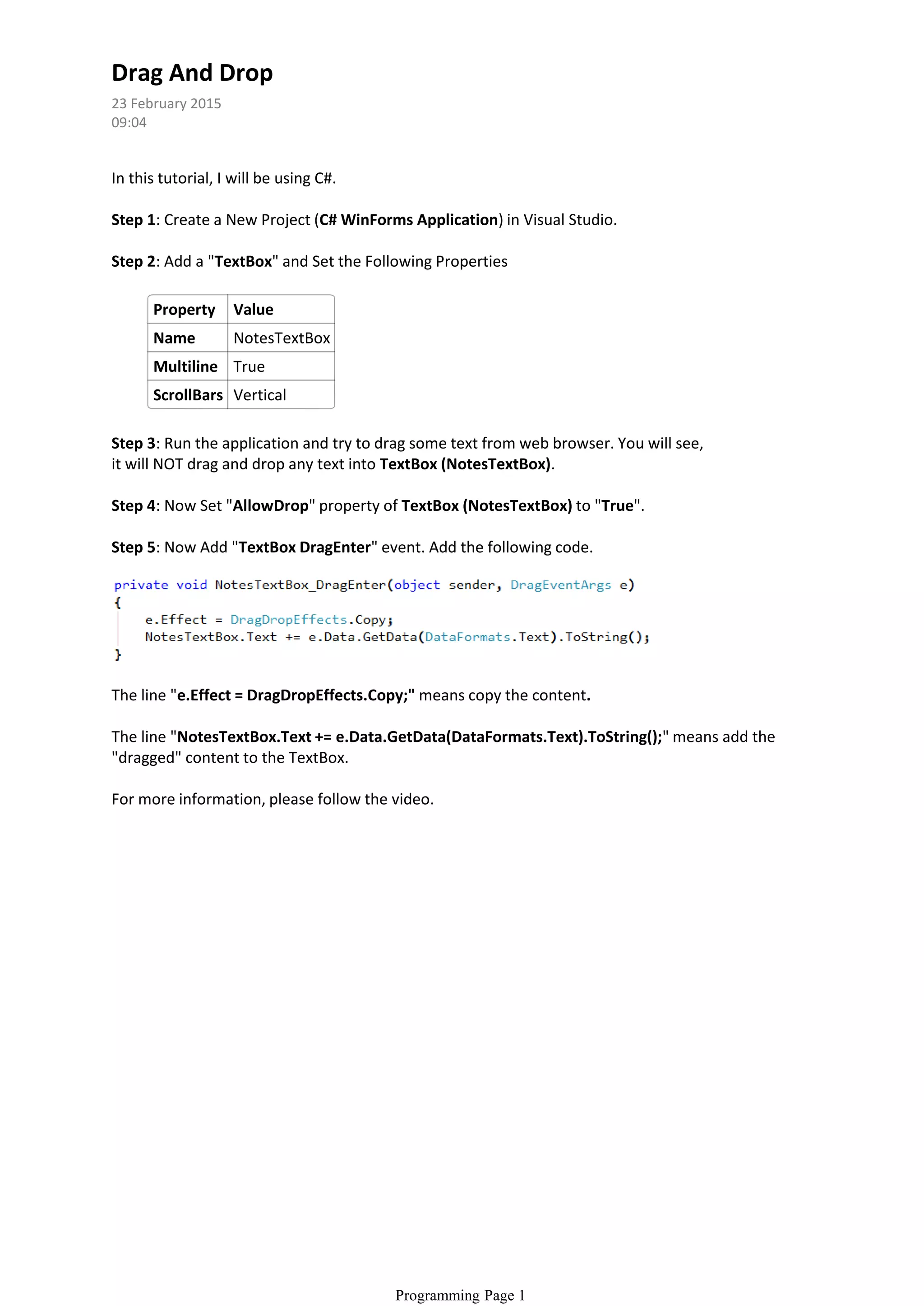 Simple Drag and drop in C# | PDF