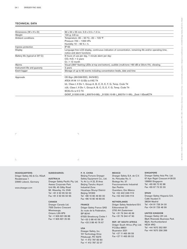 Drager Pac 3500 Portable Gas Detector - Spec Sheet | PDF
