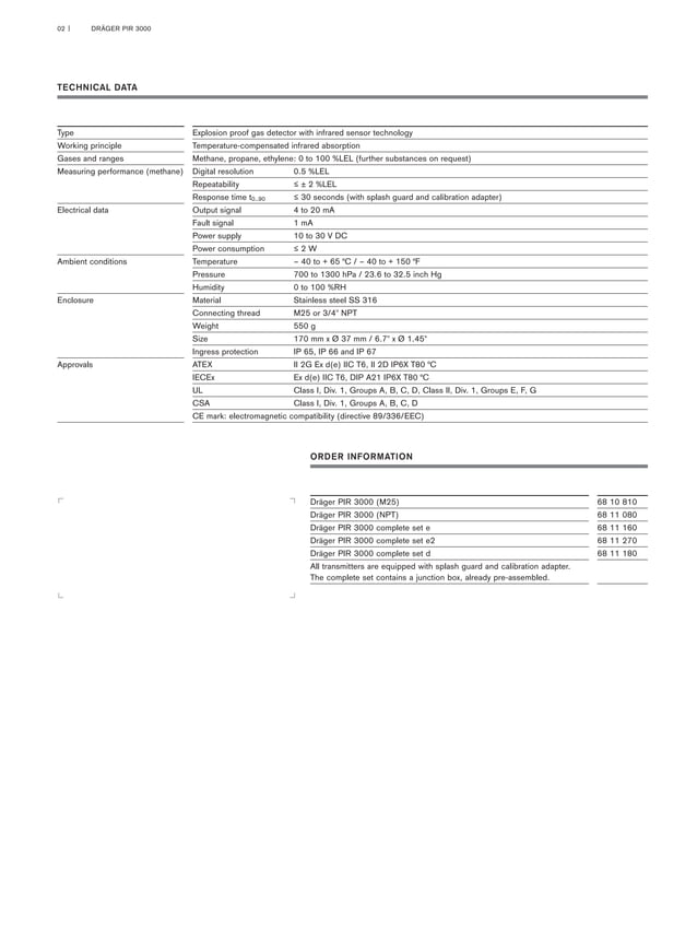 Drager PIR 3000 Fixed Gas Detector - Spec Sheet | PDF