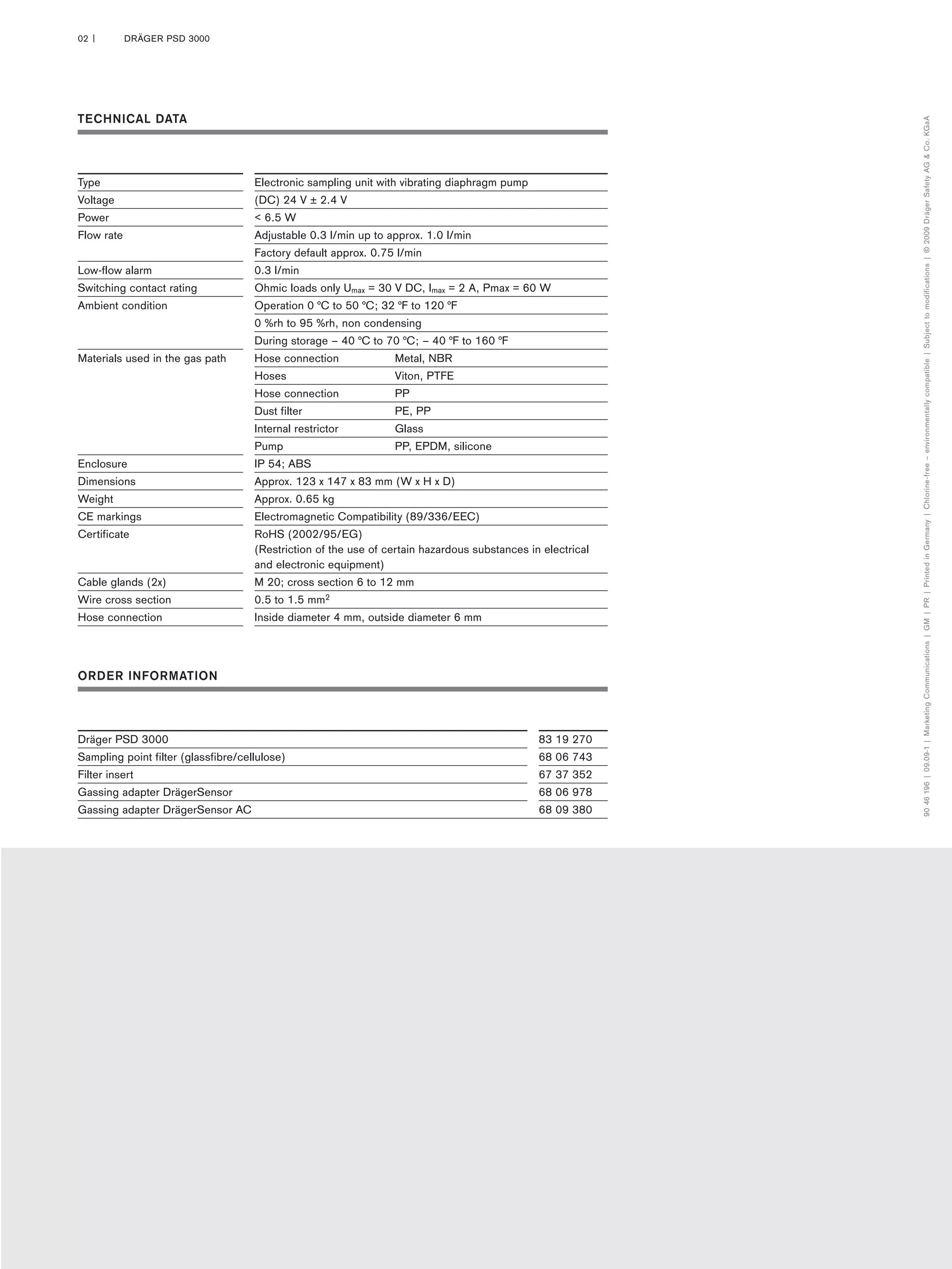 Drager PSD 3000 Fixed Gas Detector Sampling Unit - Spec Sheet | PDF