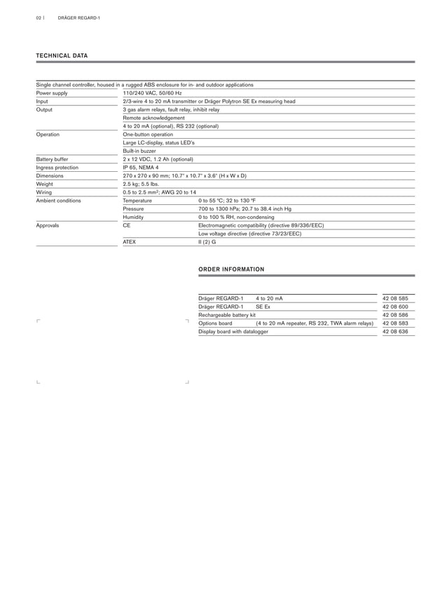 Drager REGARD-1 Fixed Gas Detector Control System - Spec Sheet | PDF