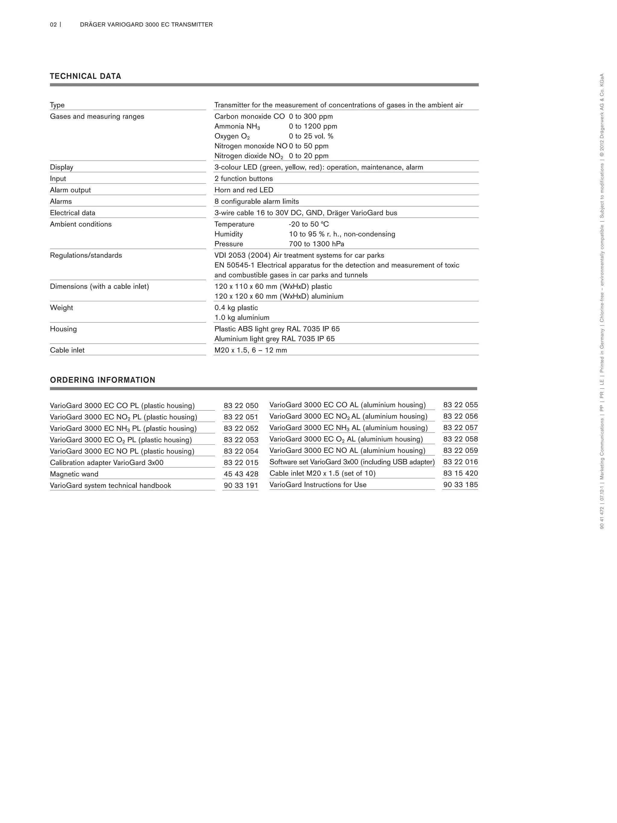 Drager Variogard 3000 EC Fixed Gas Detector - Spec Sheet | PDF
