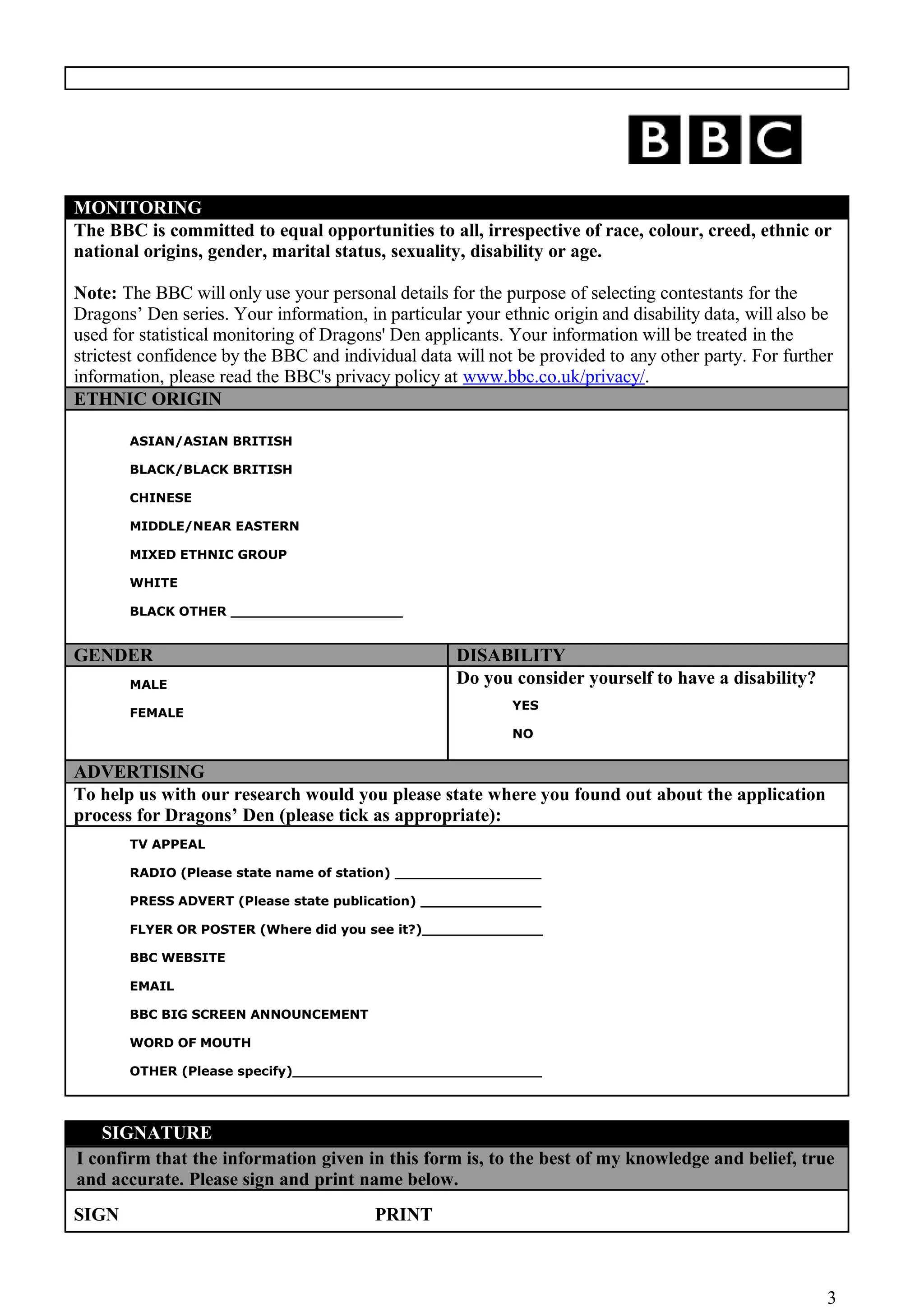 BBC Dragons' Den Application Form 2013 | DOC