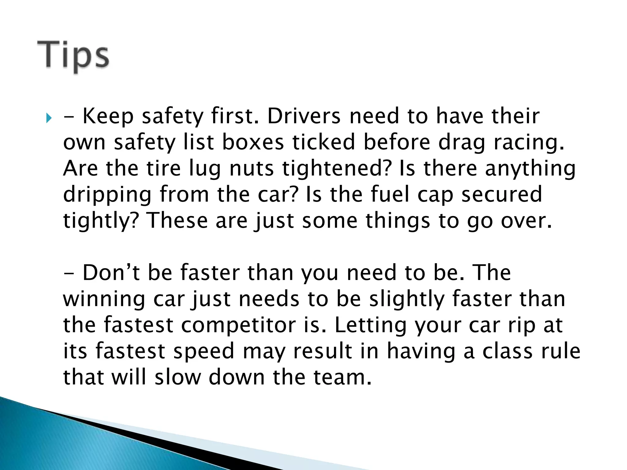 Drag Racing Tips for Beginners | PPTX | Auto Racing | Sports