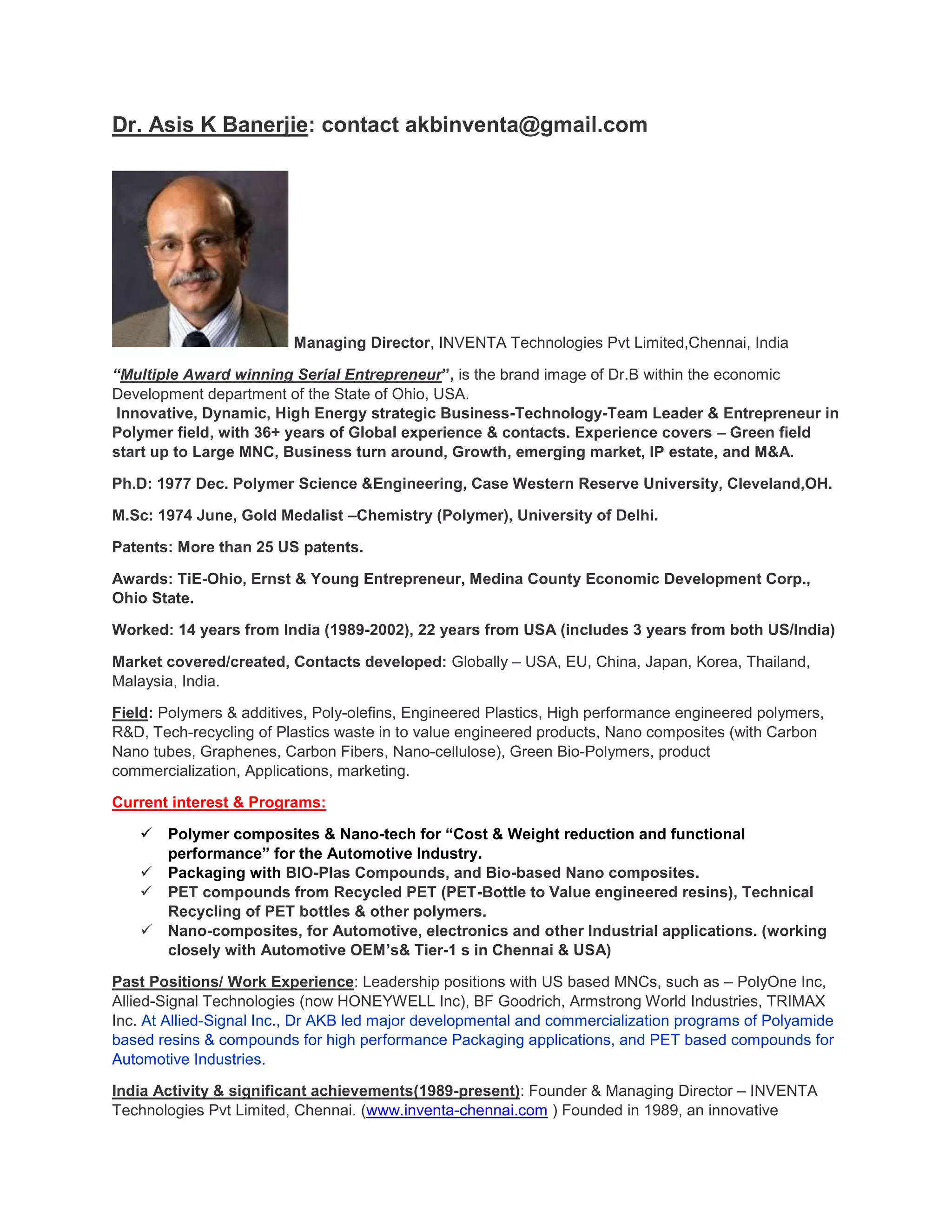 Dr akb profile polymer industry expert leader-2016-06 | PDF