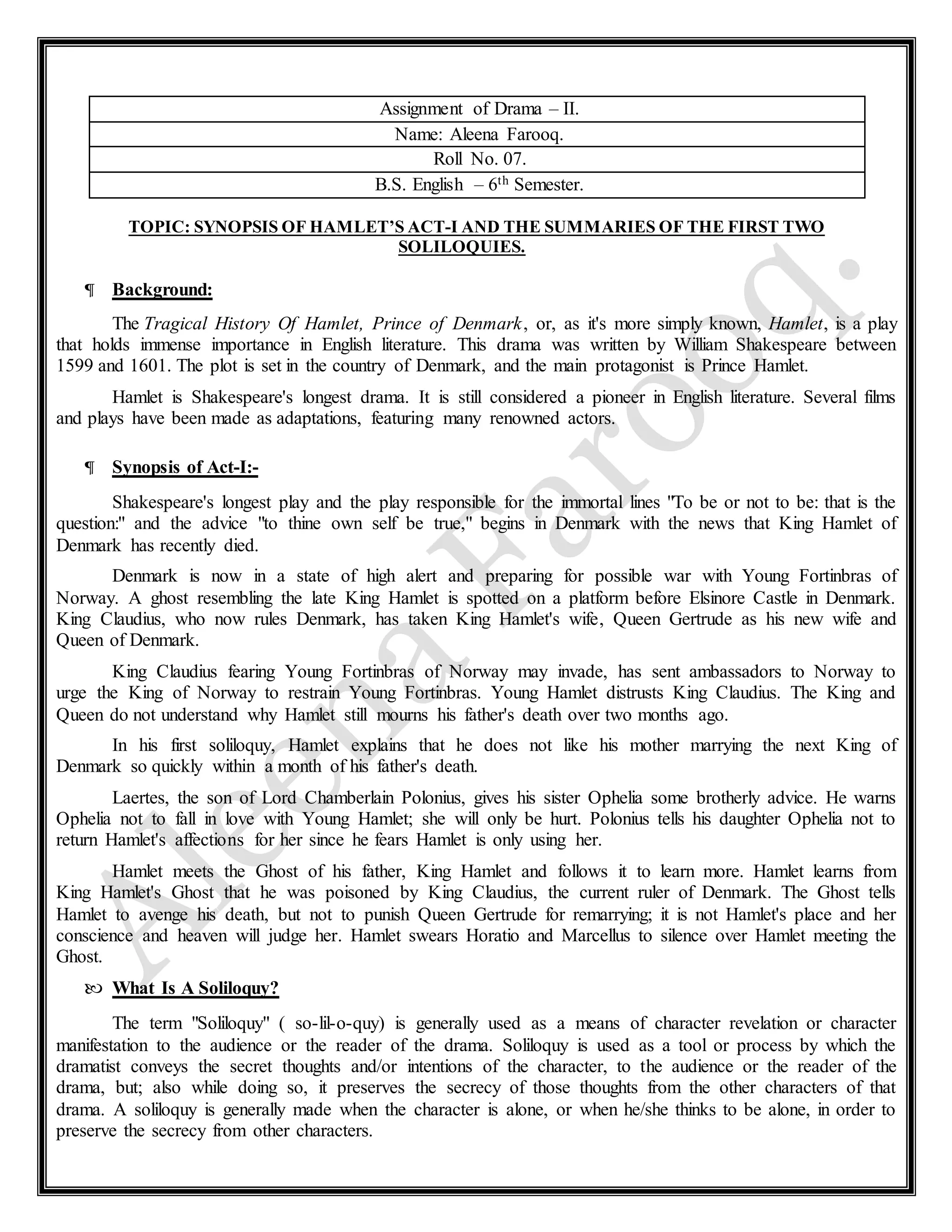 SYNOPSIS OF HAMLET’S ACT-I AND THE SUMMARIES OF THE FIRST TWO ...