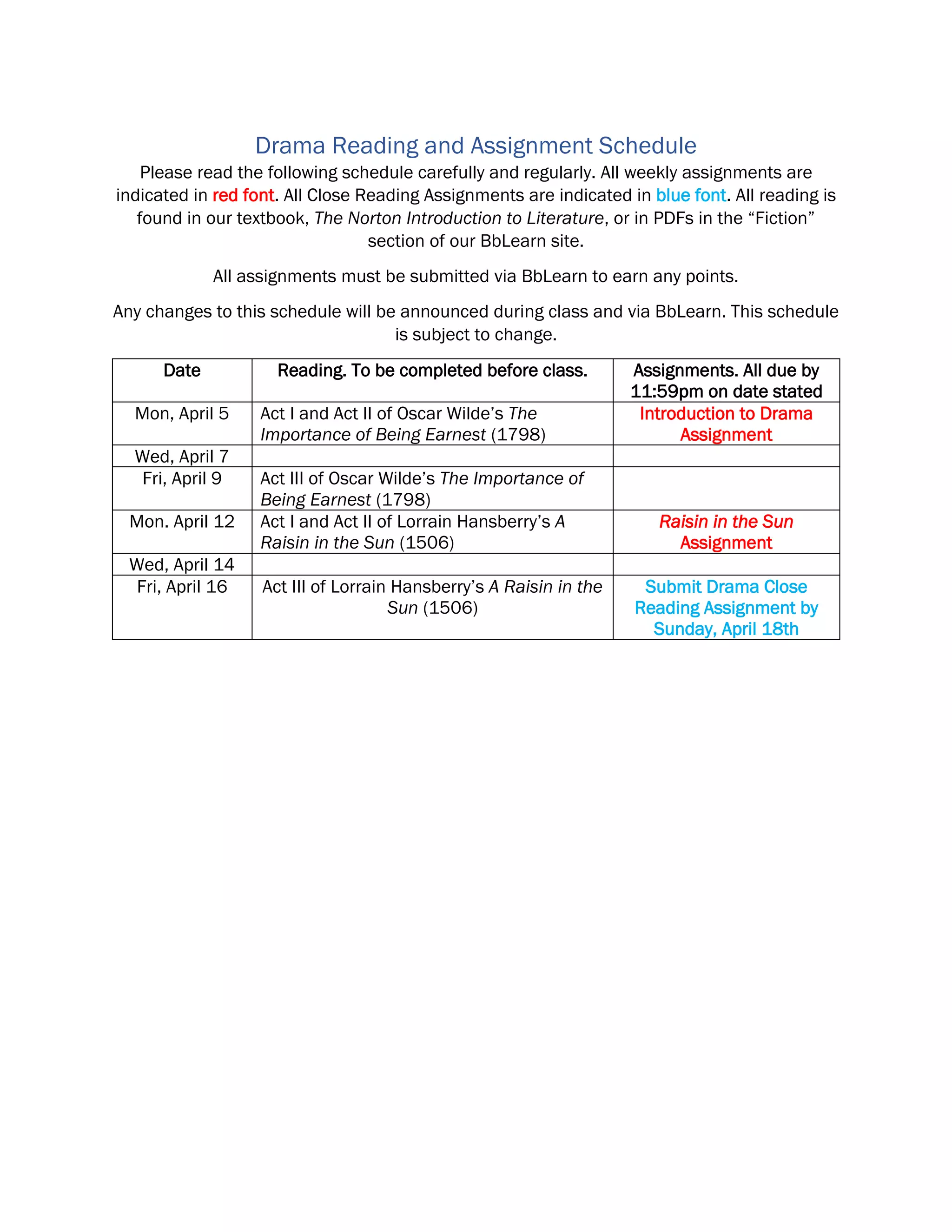 Drama reading and assignment schedule | PDF | Drama | Genres