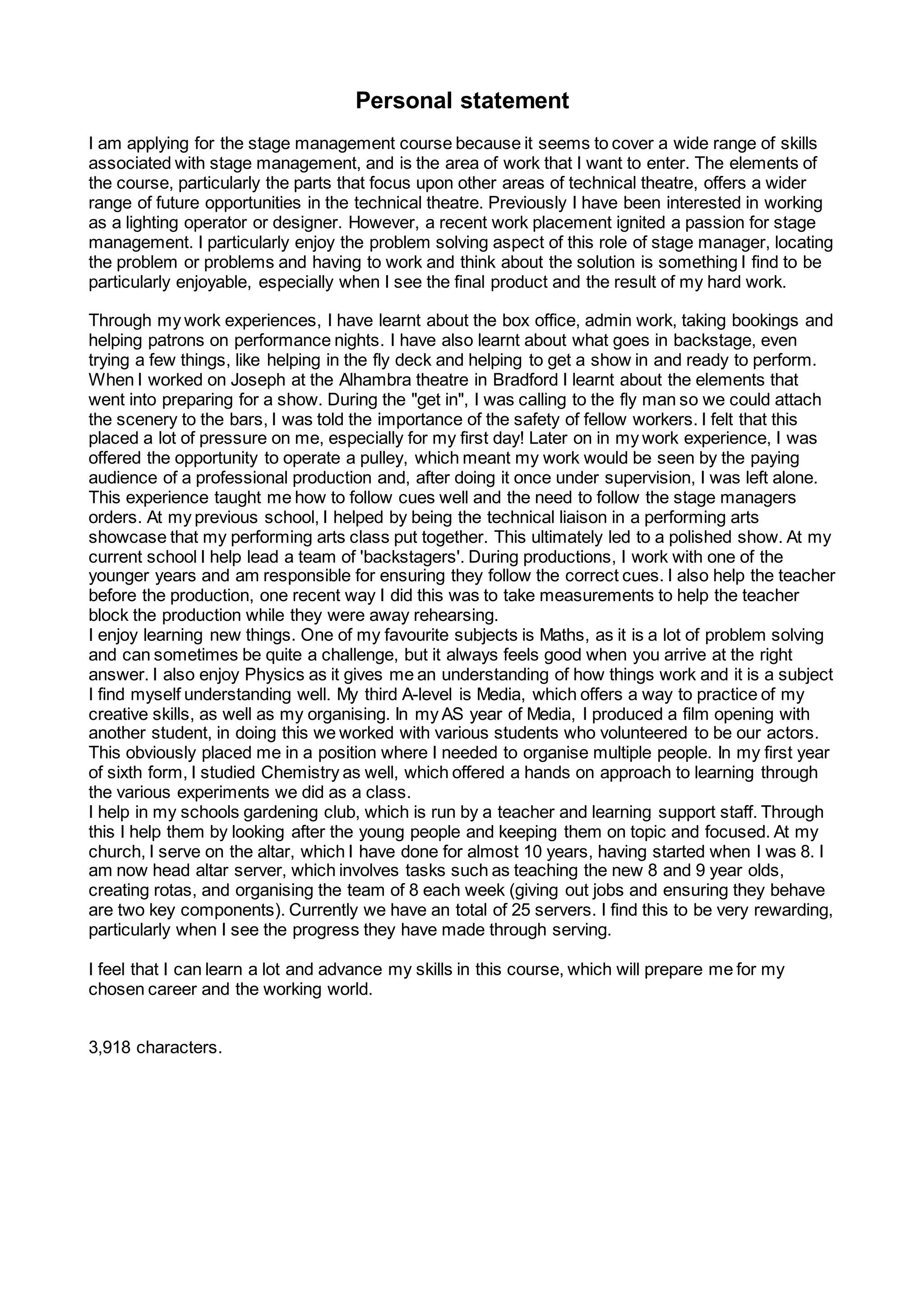 Drama stage management personal statement | DOCX