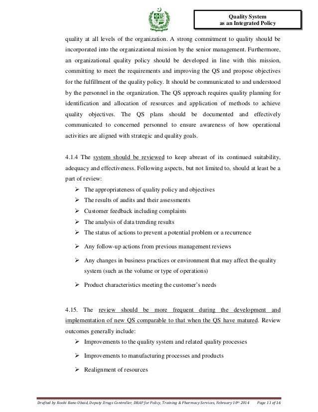 Draft Policy on Quality System as an Integrated Policy