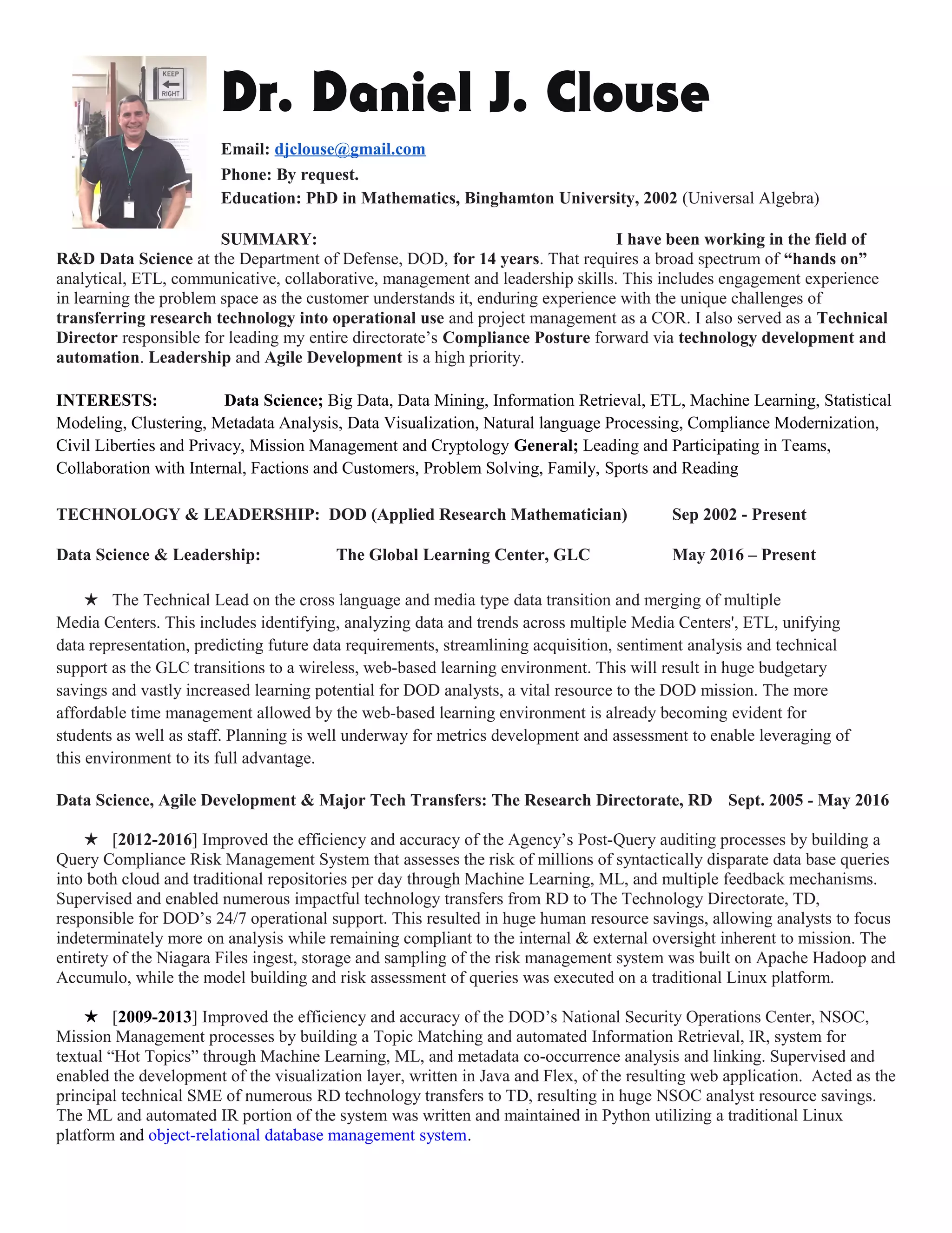 Dr Daniel J Clouse Resume | DOC