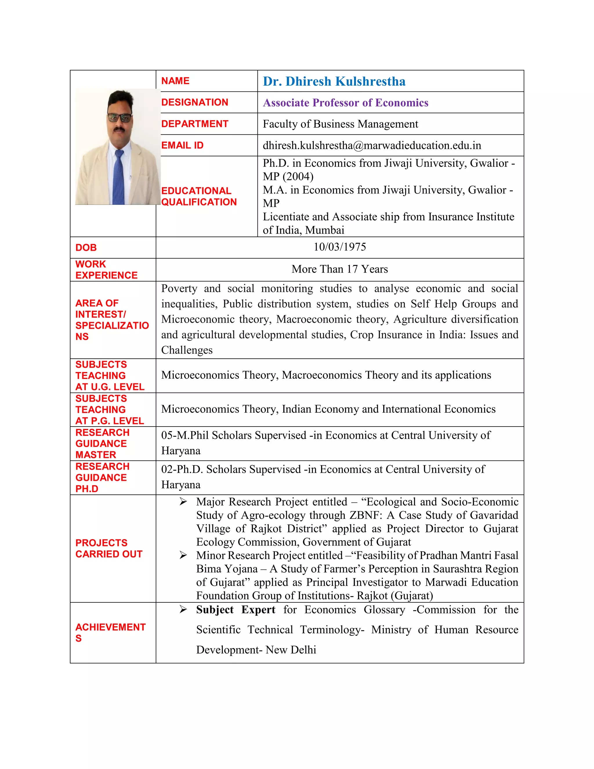 Dr Dhiresh Kulshrestha Updated CV | PDF