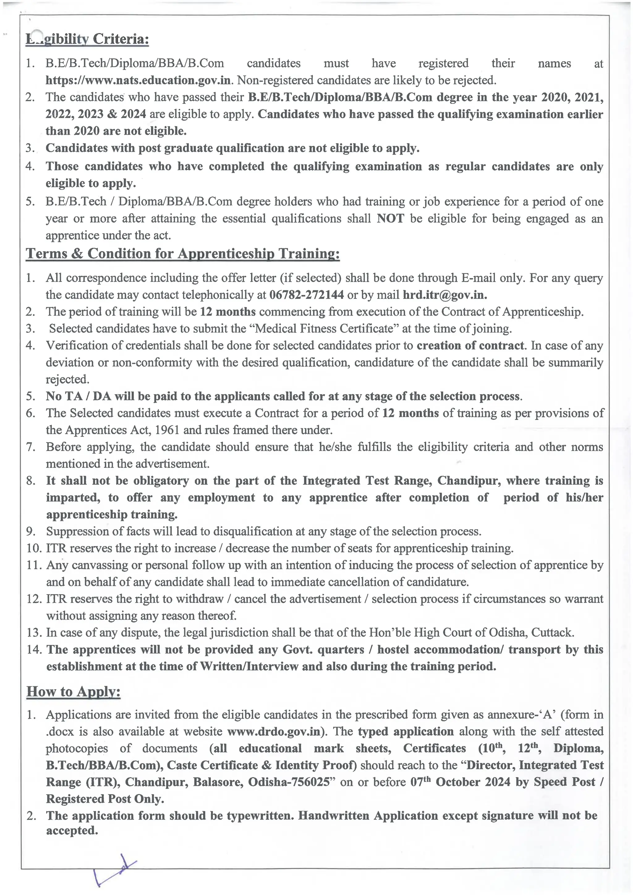 DRDO Recruitment 2024 - Integrated Test Range (ITR) | PDF