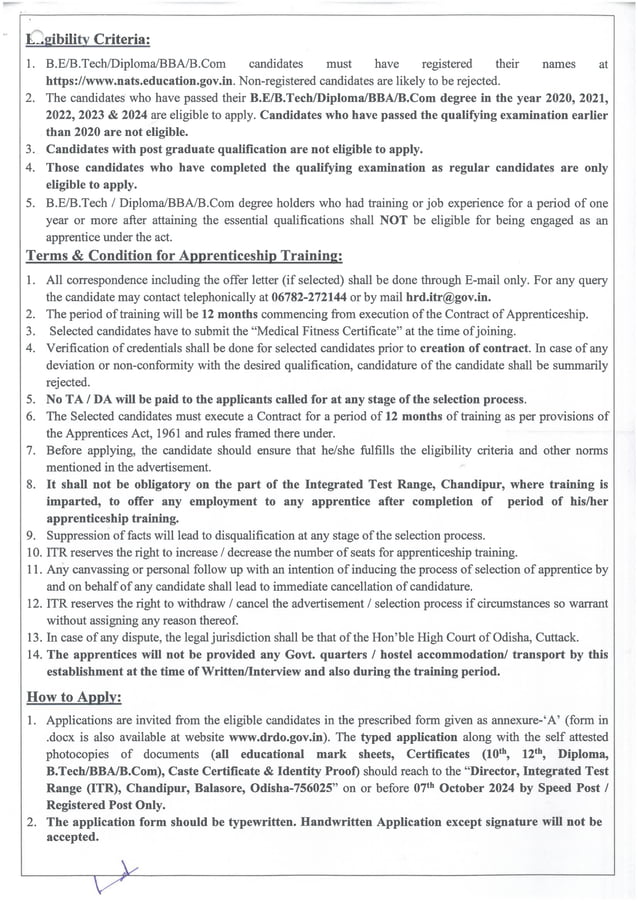 DRDO Recruitment 2024 - Integrated Test Range (ITR) | PDF