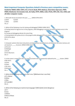 DRDO Previous Year Computer Question (1000 MCQ) | PDF