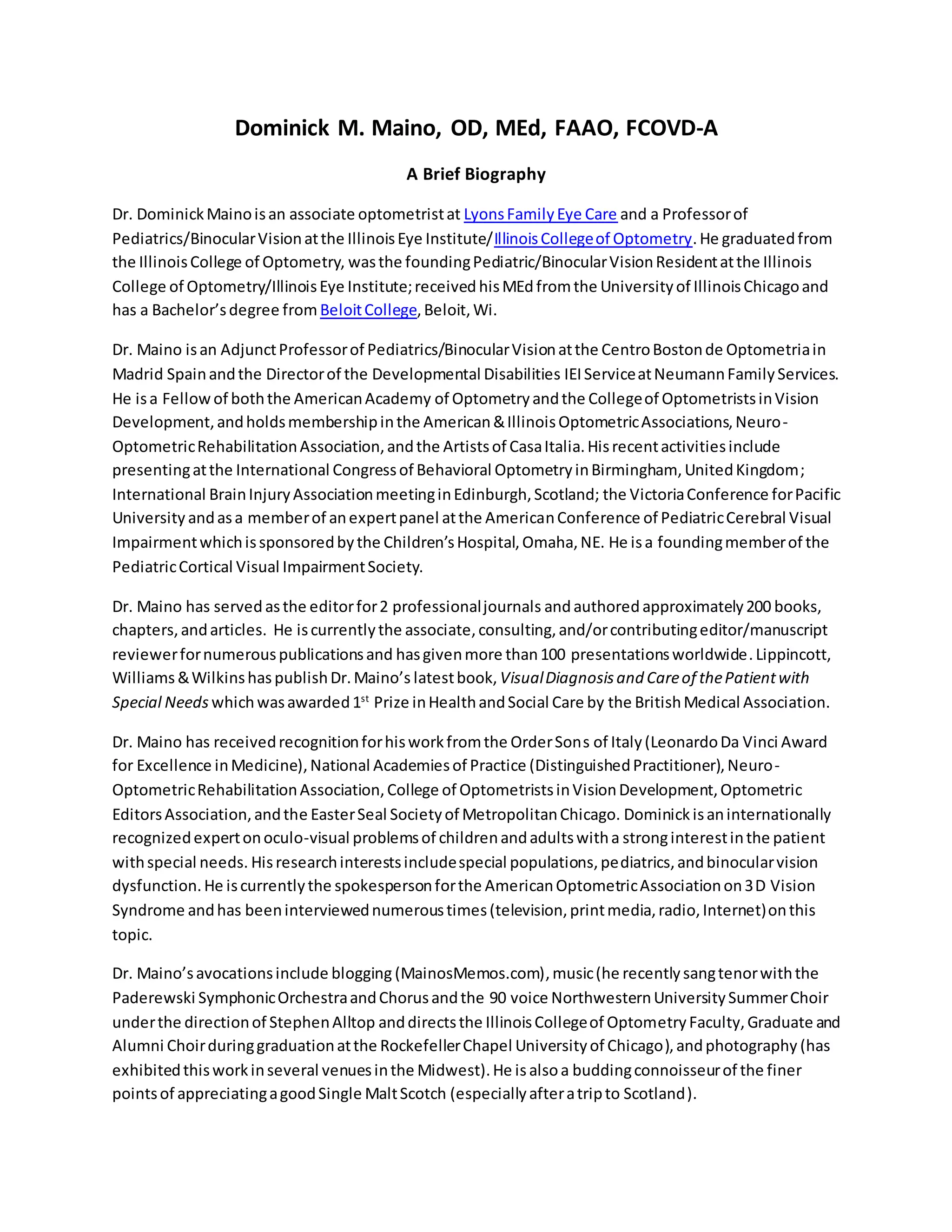 Dr Dominick Maino's Brief Biography | DOCX