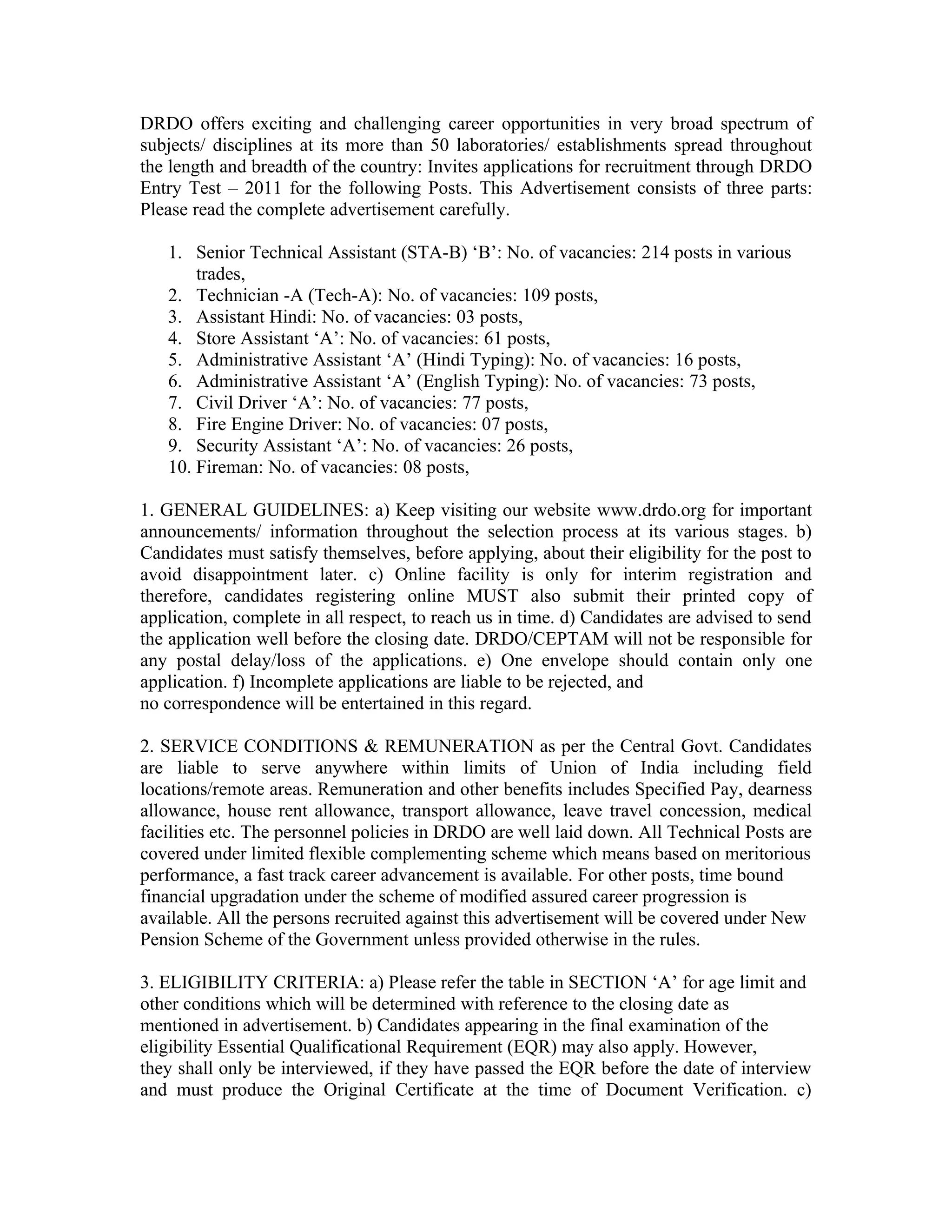 Drdo notification 2011 | DOC