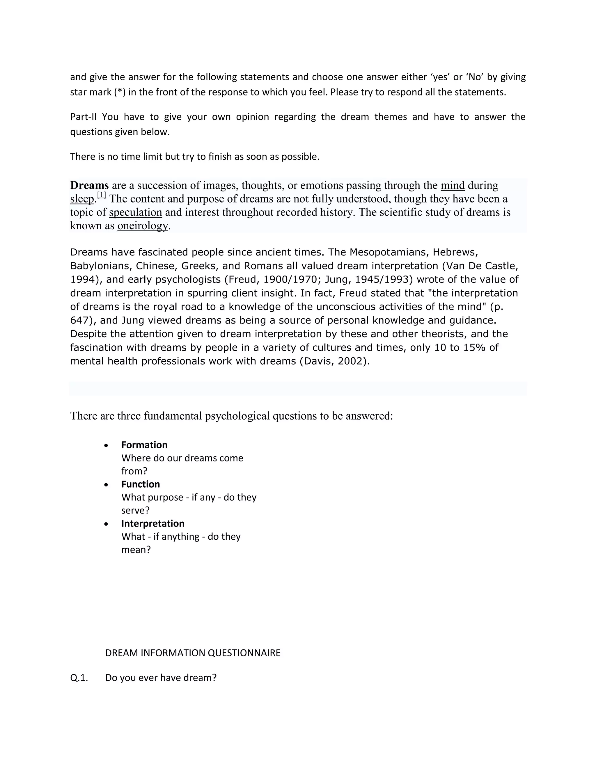 Dream information questionnaire | PDF