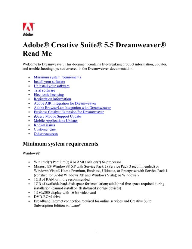 Dreamweaver cs5.5 read me | PDF