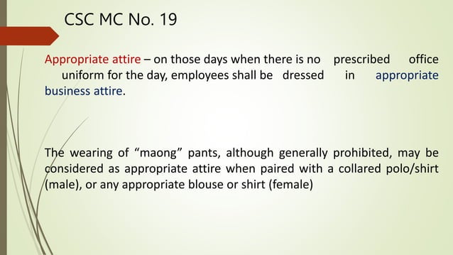 Dress Code in DepEd DepEd Memorandum No. 16, s. 2021 and CSC MC No. 19 ...