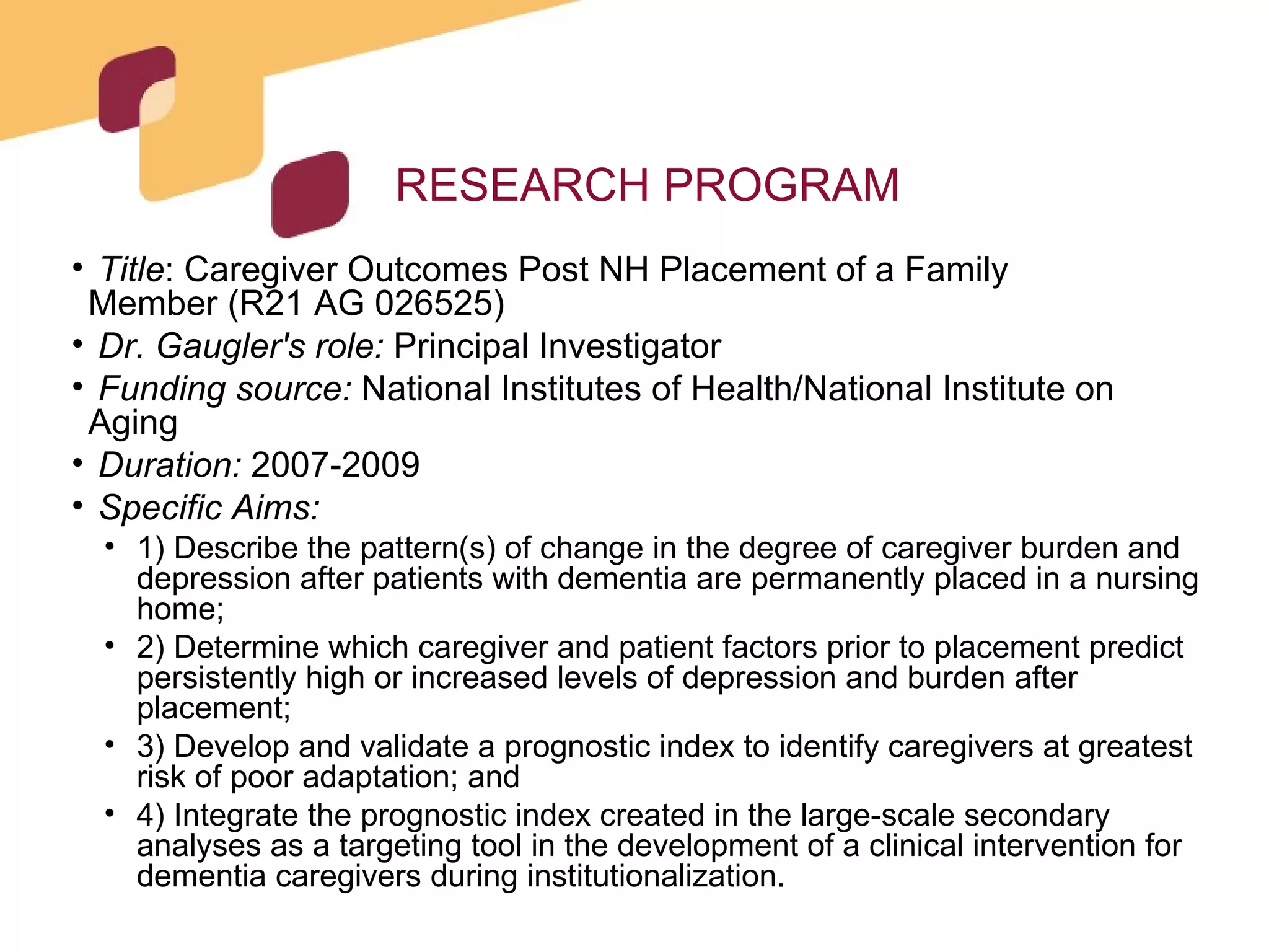 Dr. Gaugler Overview Of Research Projects | PPT