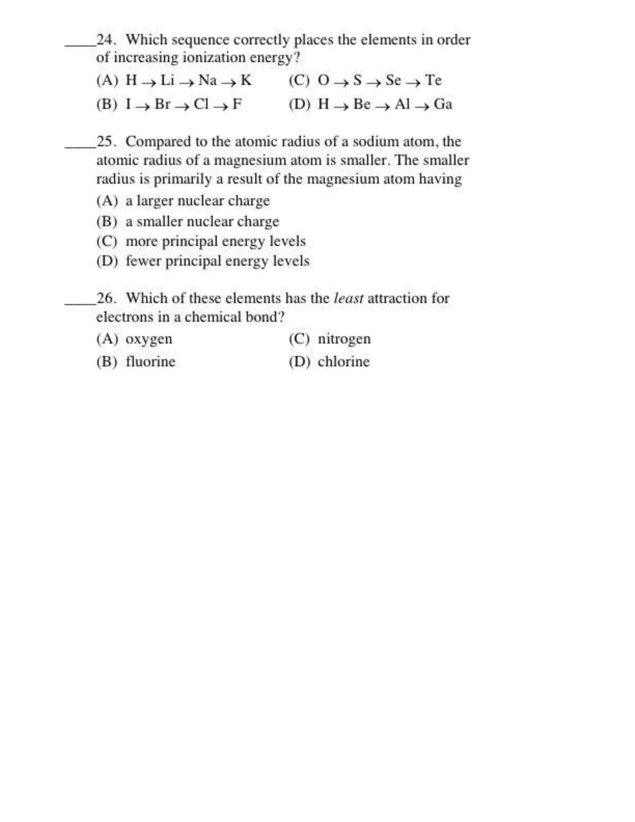 Drills periodi trends, periodic table of elements, sub atomic particles ...