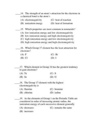 Drills periodi trends, periodic table of elements, sub atomic particles ...