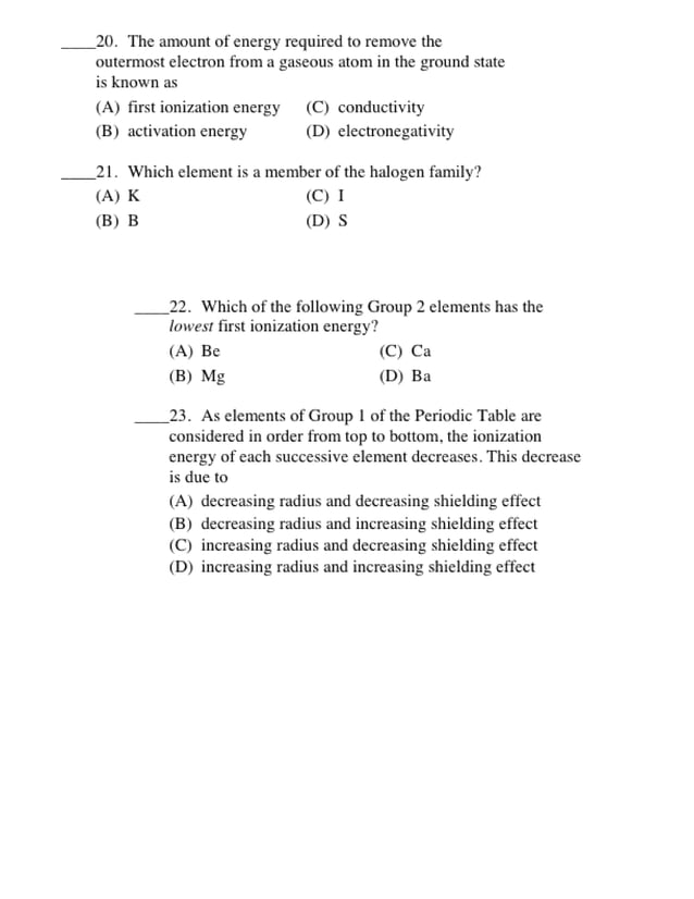 Drills periodi trends, periodic table of elements, sub atomic particles ...