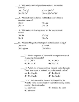 Drills periodi trends, periodic table of elements, sub atomic particles ...