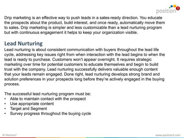 Drip Marketing vs. Lead Nurturing in Lead Life Cycle | Position2